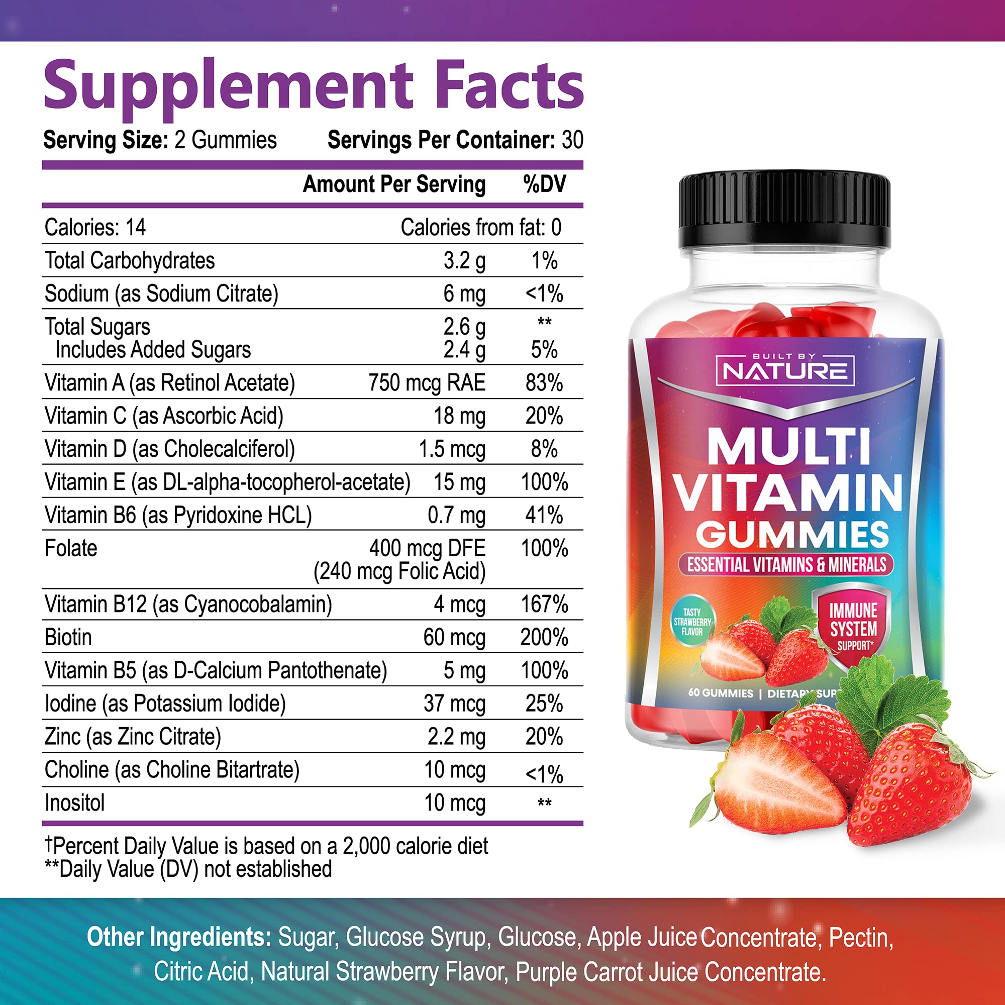 Multivitamin Gummies - Womens & Mens Daily Gummy Multivitamins for Adults with Vitamins A, C, E, B6, B12, and Minerals - Natural Multi Vitamin Supplement, Non-GMO, Berry Flavor - 60 Gummies