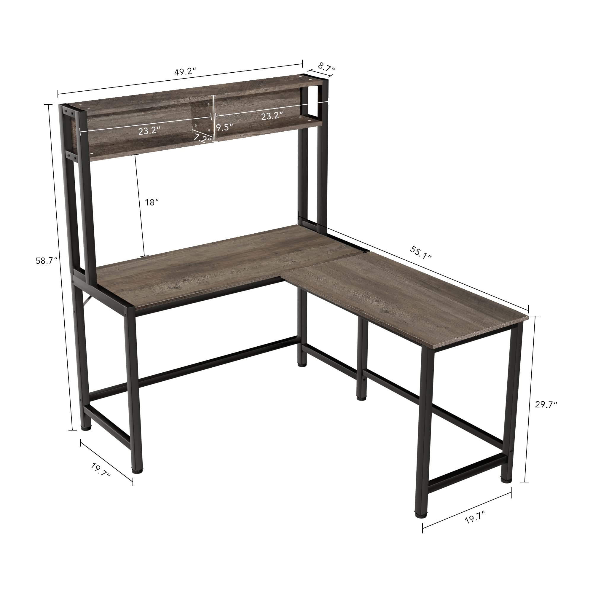TechLand L Shaped Desk with Hutch, 55 Inch Corner Computer Desk Gaming Table Workstation with Storage Shelves Bookshelf, Study Writing Space Saving Desk for Home Office Grey SMDK006GR 0