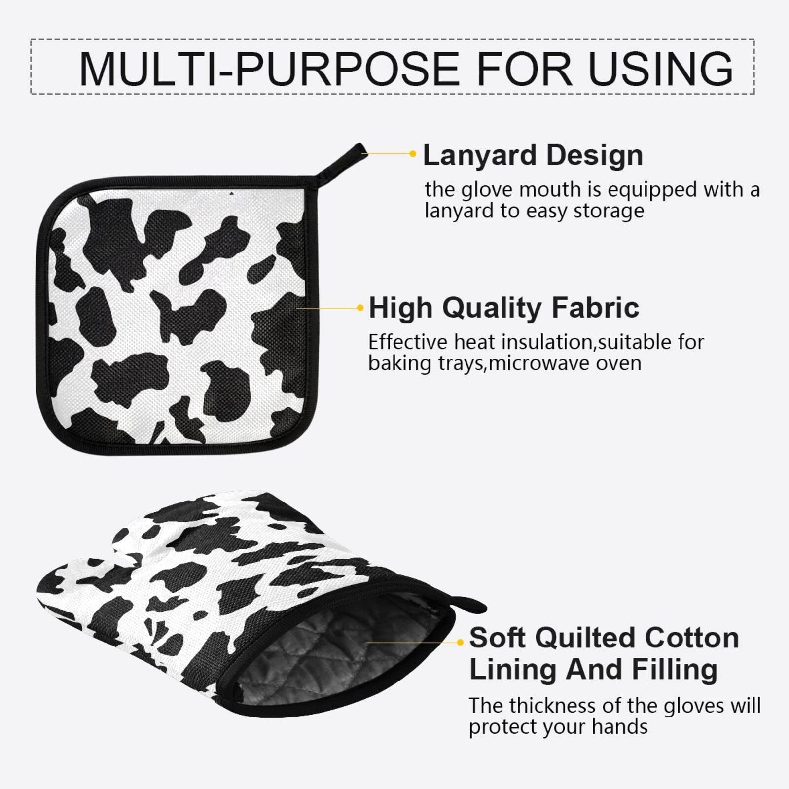 Sletend Cow Print Oven Mitts and Pot Holders Sets 2pcs Non-Slip Kitchen Heat Resistant Hot Pads for Women Cooking Gloves Baking Wear BBQ