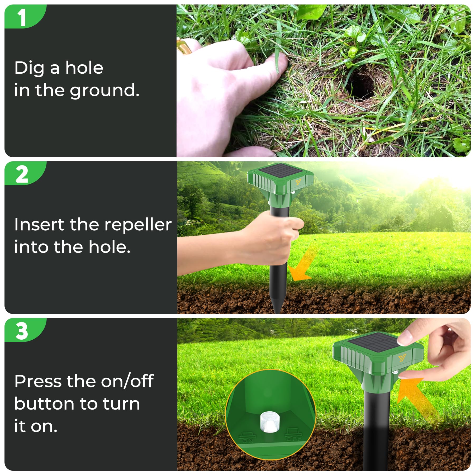 ULTRABOT Mole Repellent Solar-Powered Groundhog Repeller Snake Deterrent Vibration Stakes for Outdoor Use Repel Vole Gopher Armadillo in Yards and Lawns 8 Pack, Green, AR08S