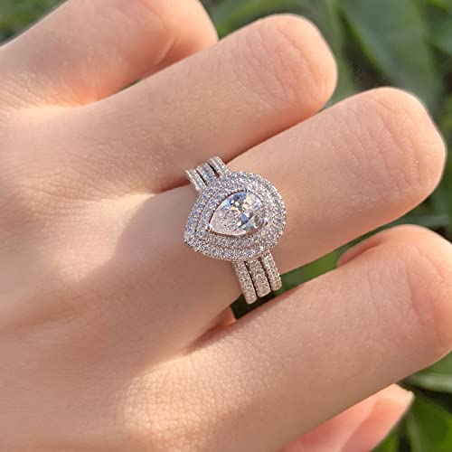SHELOVES Wedding Engagement Ring Sets for Women Vintage Halo Pear CZ Stackable Ring 925 Sterling Silver Sz 9