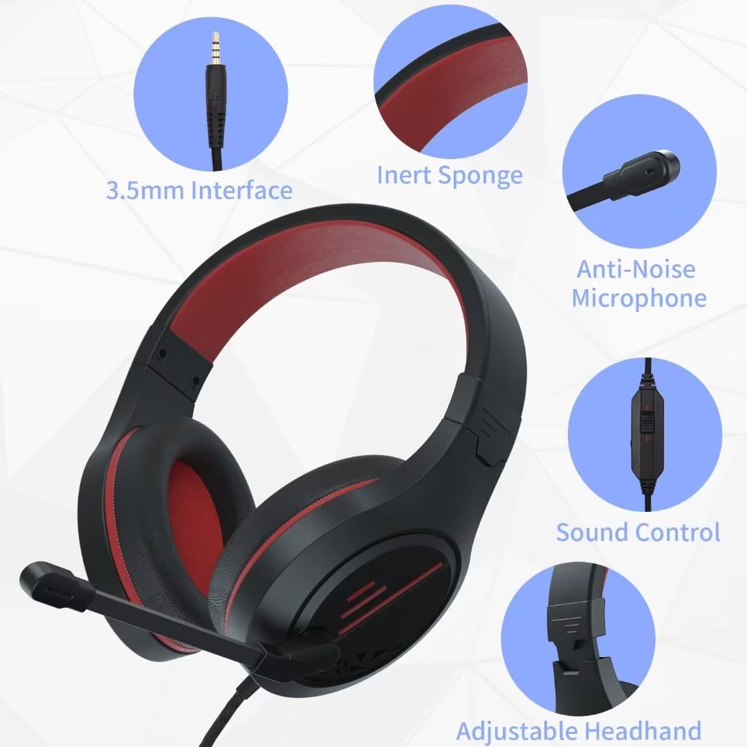 Mokochy 3.5mm Gaming Headset for PC,Headphone with Microphone Wired Headset Passive Noise canceling Earmuffs 50mm Neodymium Magnet Speaker Headset- Red