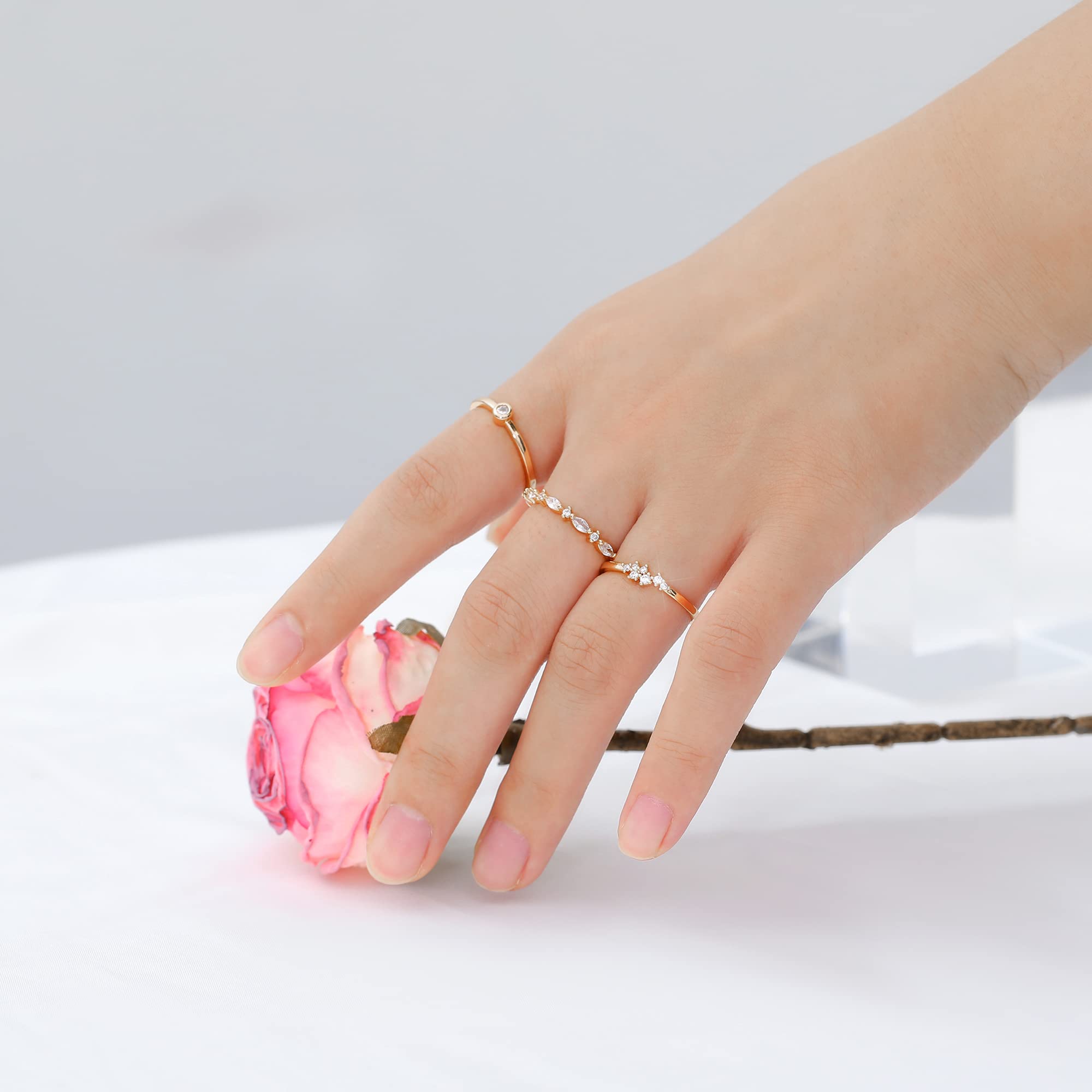 TOBENY 3PCS 14K Gold Rings for Women Gold Stacking Knuckle Rings Women's Plain Band Rings Cubic Zirconia Statement Rings Eternity Wedding Rings Size 4-10
