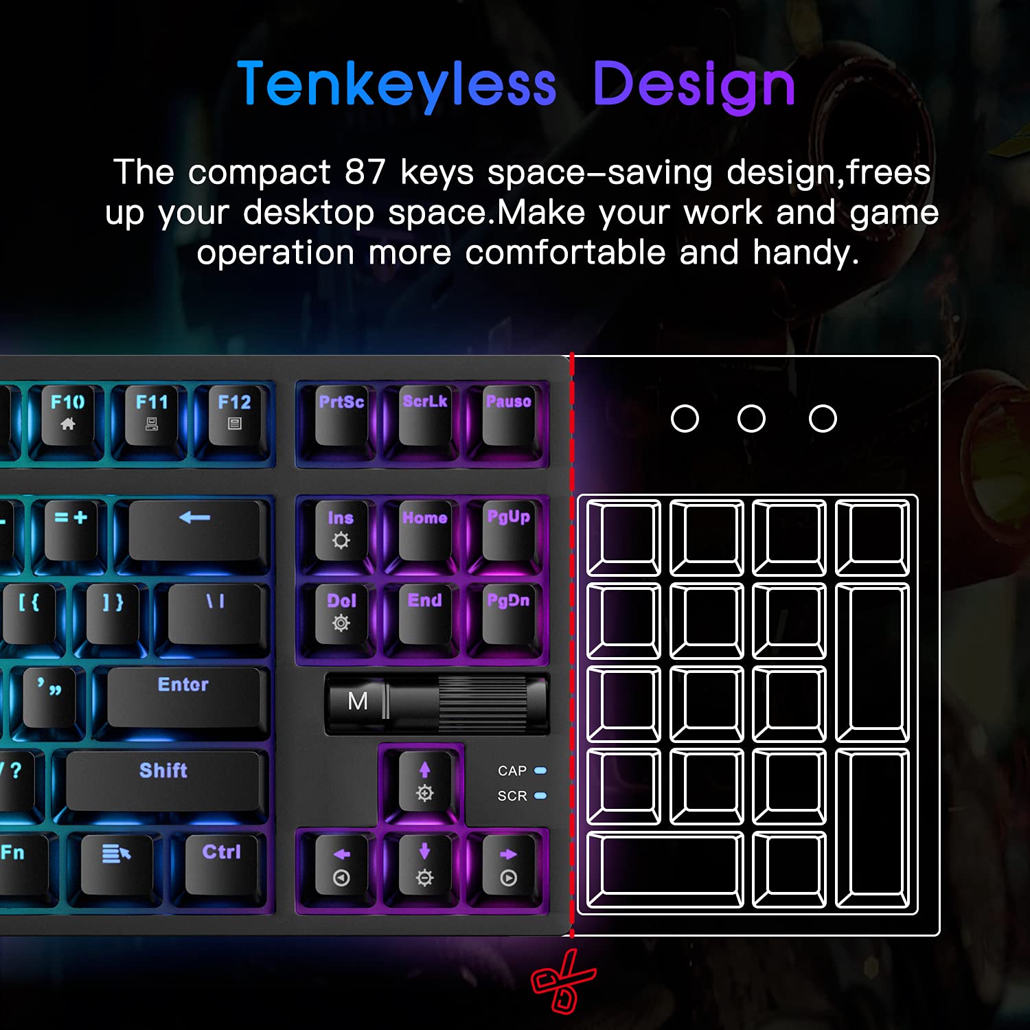 RECCAZR TK18 TKL Mechanical Gaming Keyboard RGB Rainbow Backlit Compact Wired Keyboard with Roller Controller and Anti-Ghosting for Windows PC (87 Keys, Red Switches)