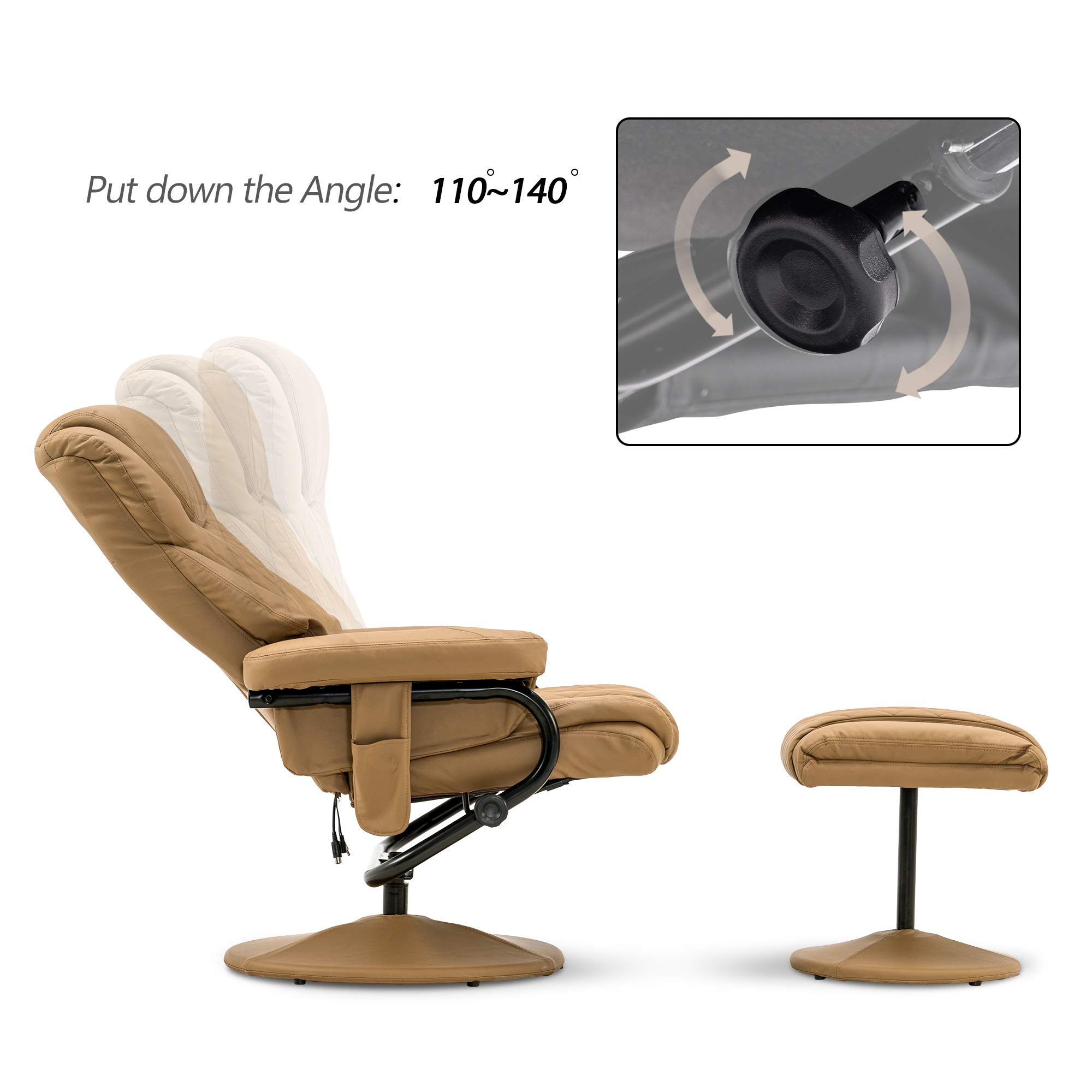 MCombo Recliner with Ottoman, Reclining Chair with Massage, 360 Swivel Living Room Chair Faux Leather, 4901 (Cognac)