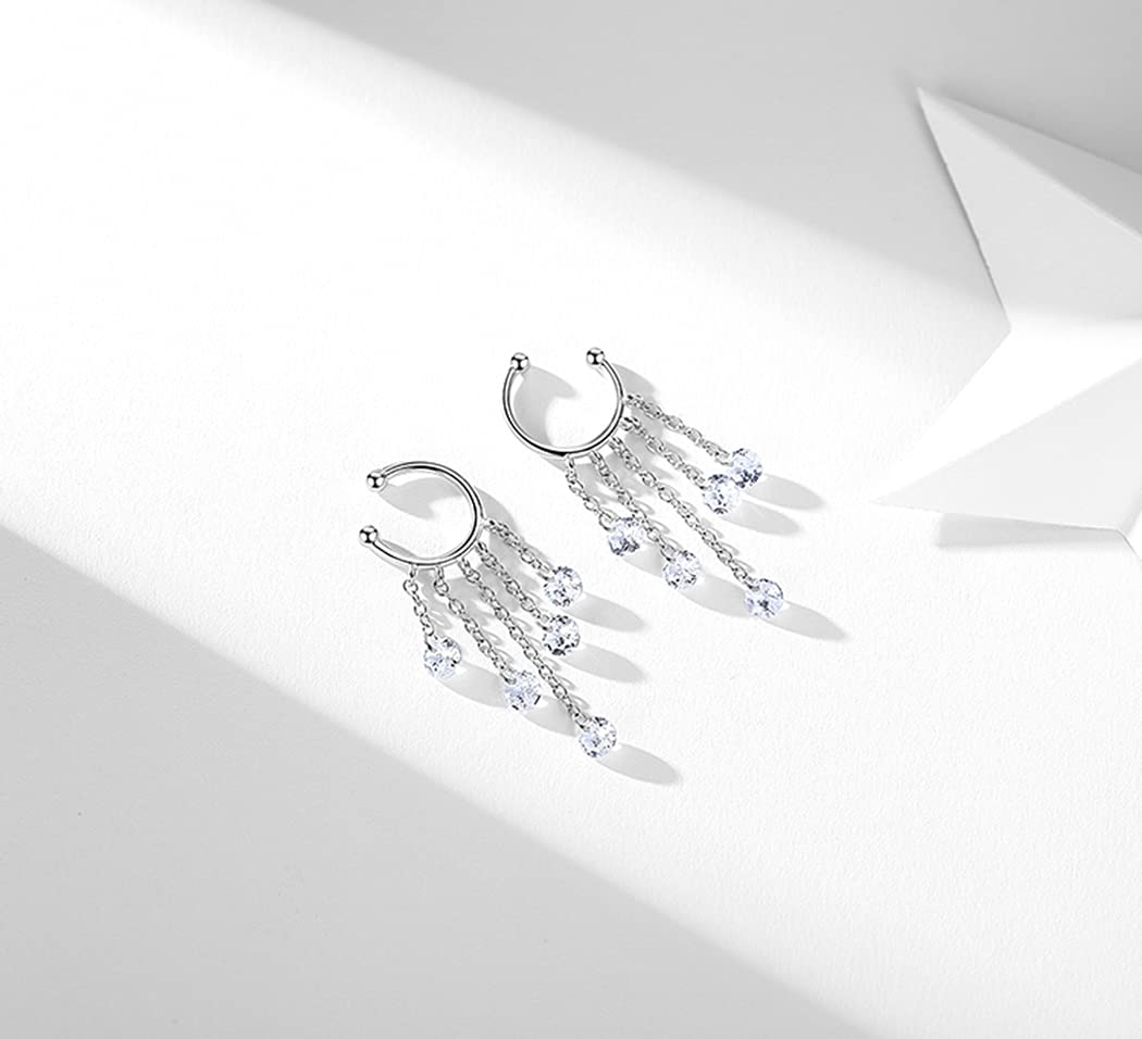 SLUYNZ 925 Sterling Silver Cuff Earrings Droplet Tassel Chain for Women No Piercing Cartilage Earrings Wrap (A-Silver)