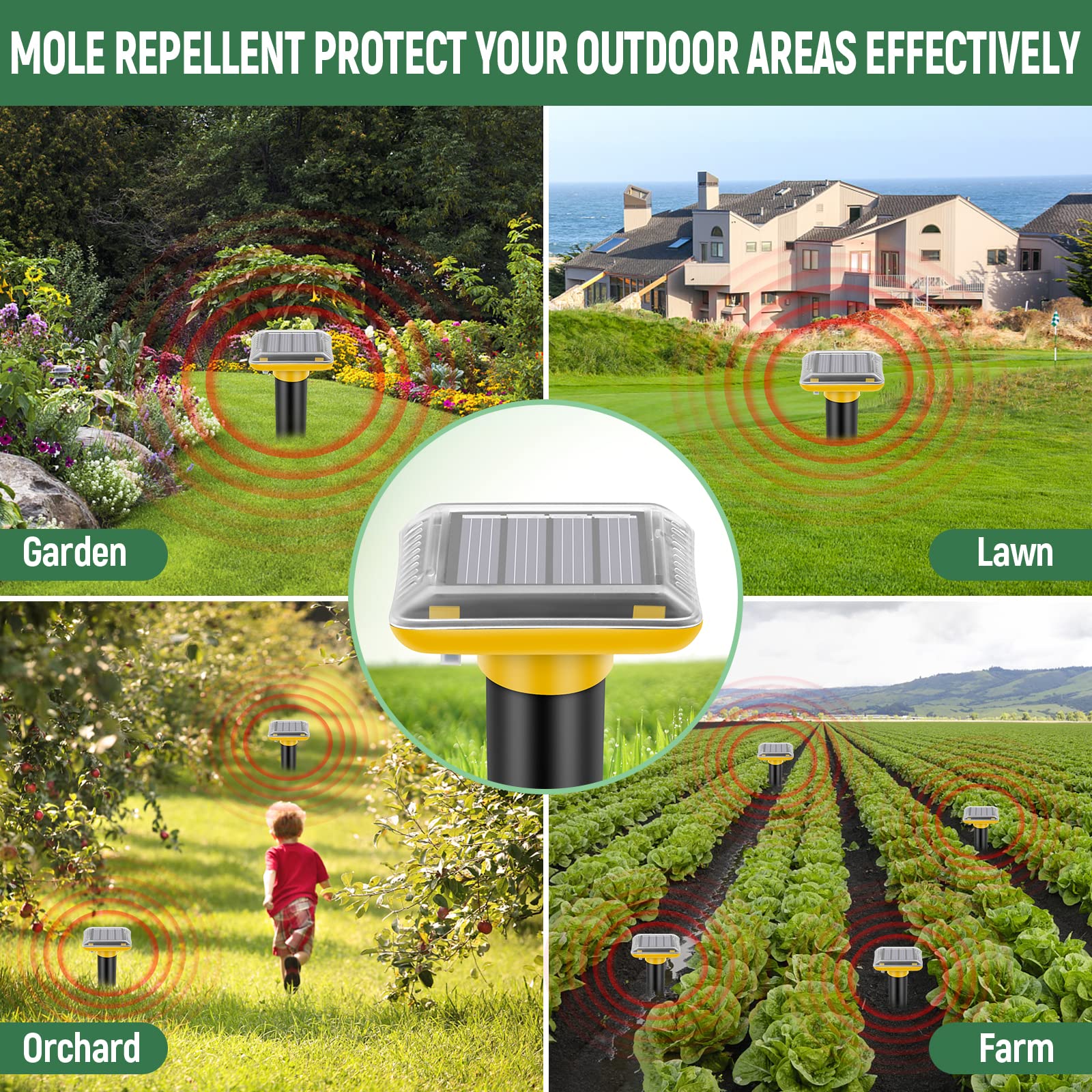 Ultrasonic Mole Repellent Outdoor, 2024 Upgrade Solar Powered Mole Repellent for Lawn Yard and Garden, Waterproof Mole Killer Traps, Effectively Repels Mole Snake Vole Groundhog (Yellow6p)