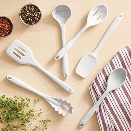 mDesign Silicone Kitchen Utensil Set - Includes Spatula/Turner, Spoonula, Solid Spoon, Slotted Spoon, Serving/Mixing Spoon, Ladle and Pasta Fork, 6 Pack, Large - Marble