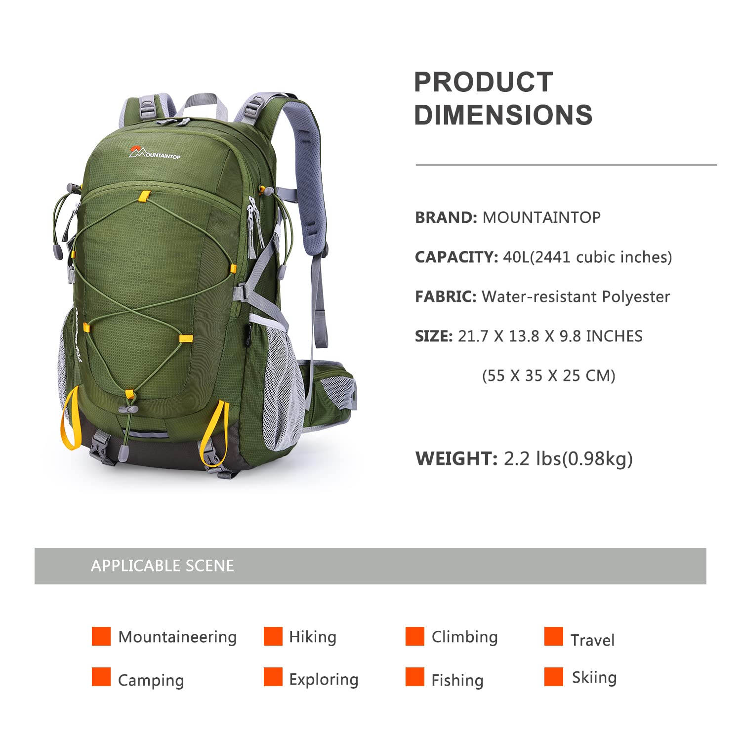 MOUNTAINTOP 40L Hiking Backpack Travel Daypack with Rain Cover for Outdoor Backpacking, Camping