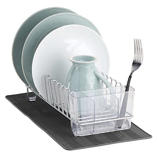 mDesign Steel Sink Dish Drying Rack/Dish Drainer Storage Organizer w/Wire Drainer, Drying Mat for Kitchen Counter, Easy Drain/Dry Dishes, Plate, Utensil - Concerto Collection, Set of 2 - Chrome/Gray