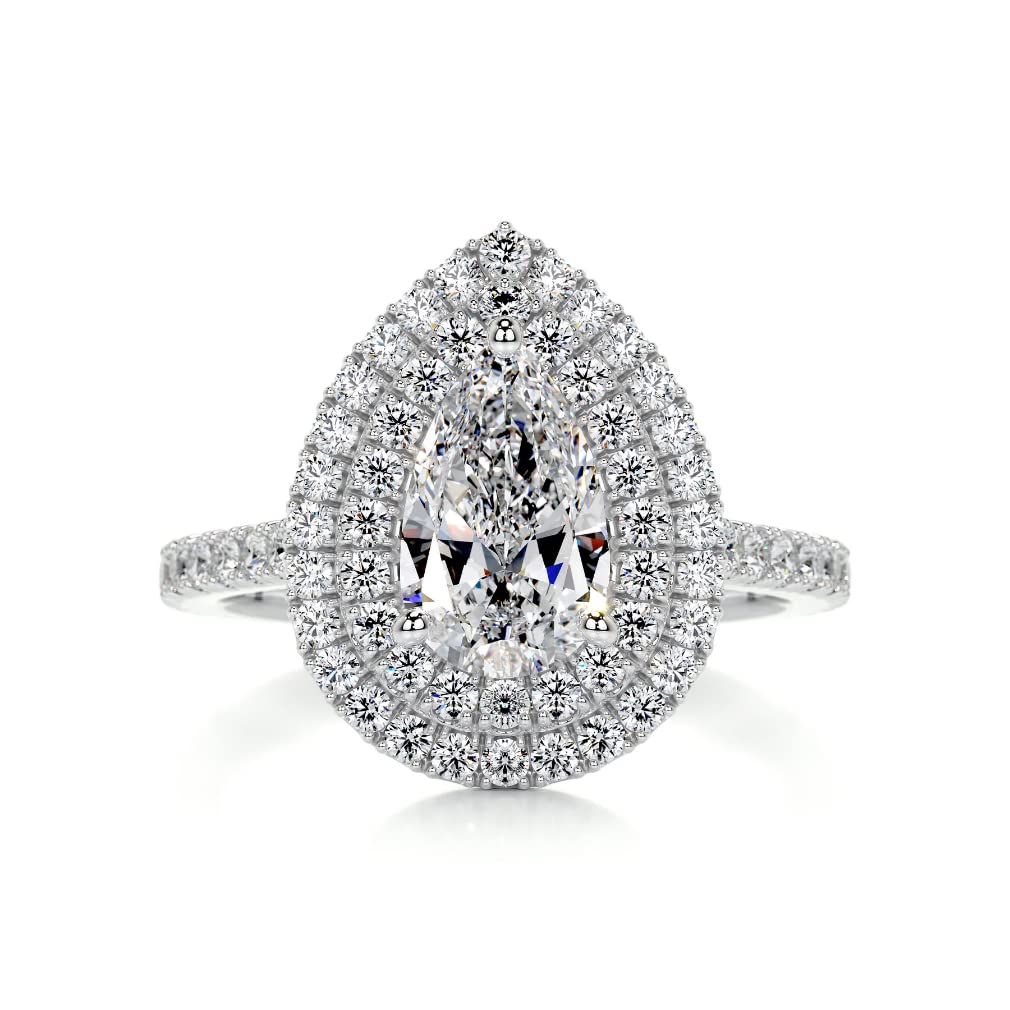 Solid Gold Handmade Engagement Rings 2 CT Pear Cut Moissanite Diamond Double Halo Bridal Wedding Ring for Anniversary Propose Gift (14K Solid White Gold)