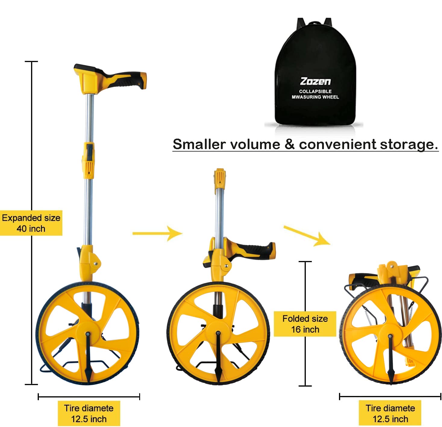 Zozen Measuring Wheel Digital Display, 3-Sections Foldable 12Inch Wheel, Imperial/Metric Measure Wheel with Backlit Display | Up to 99,999Ft/ 99,999M | Portable - with Cloth Backpack.