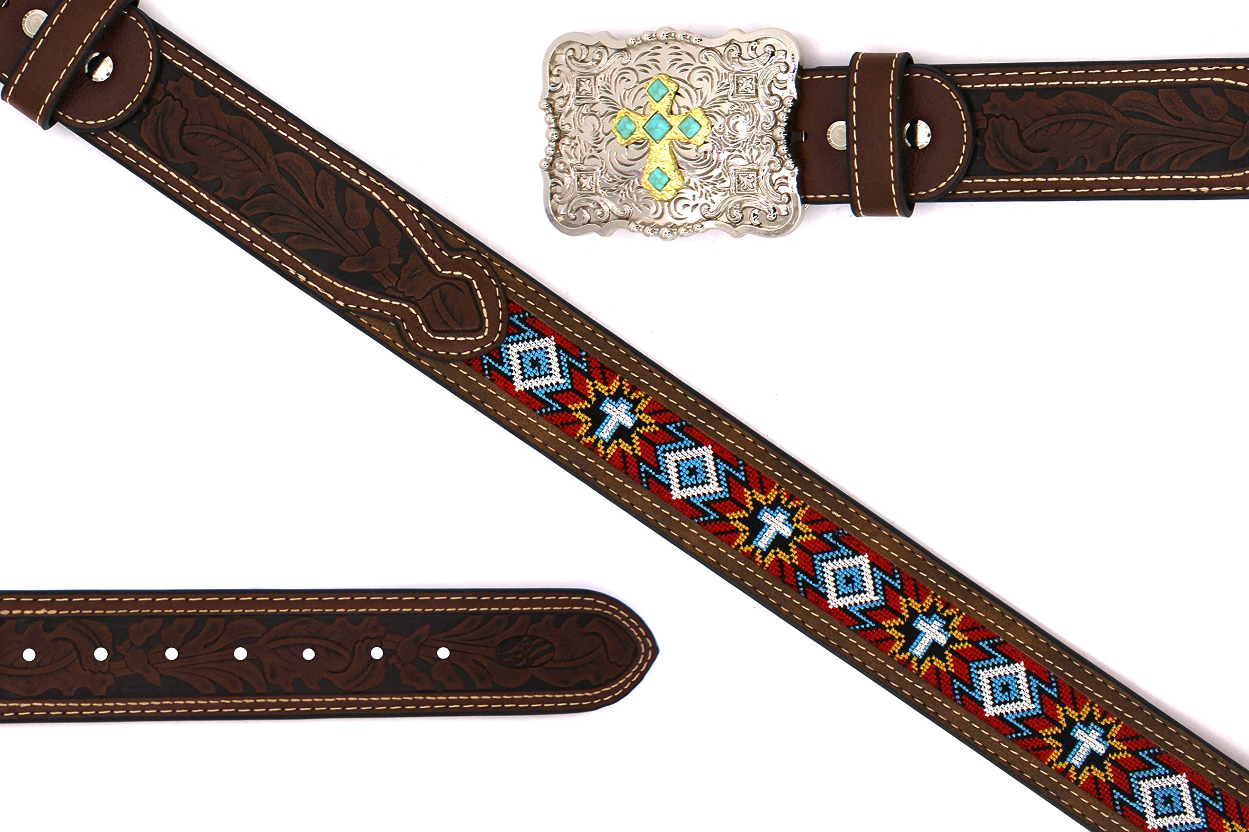 West Star Texas Embroidery Fabric Belt Aztec Print Men Women Cowboy Genuine Leather 1.5'' 2201 BK XL