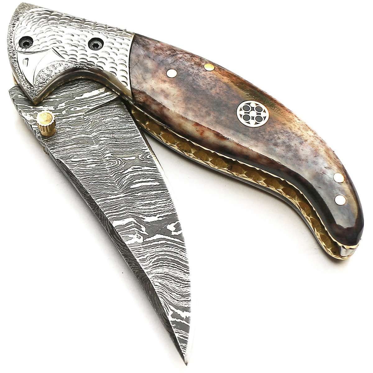 PAL 2000 HUNTING KNIVES FOL-9111 Handmade Damascus Steel Pocket Knife Stained Bone Handle With Sheath