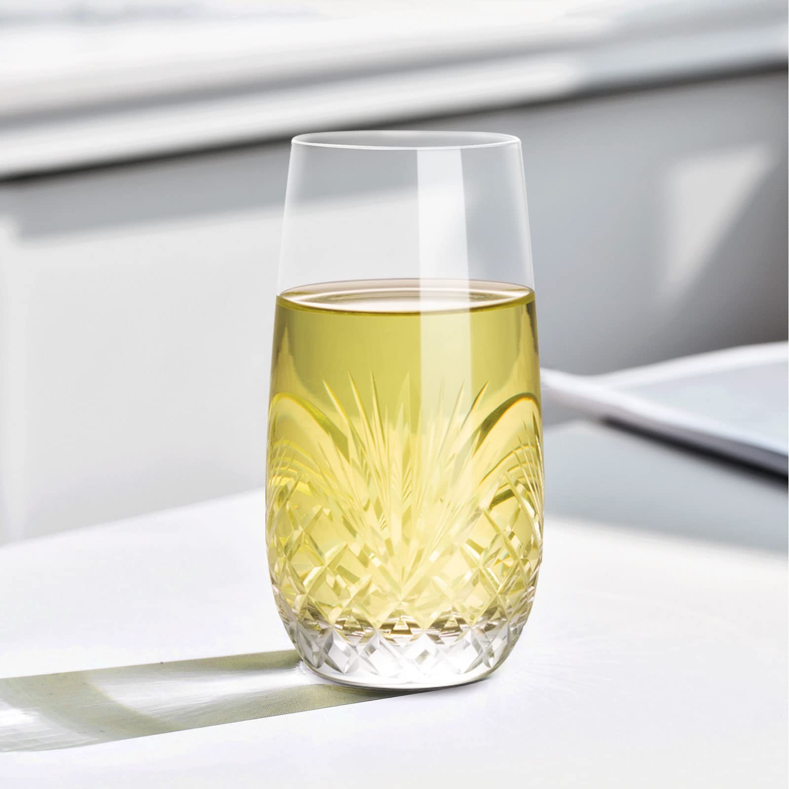 SHOSHIN Hand Cut Highball Glasses Crystal (Set of 4, 17Oz) - Elegant Water Juice Drinking Glasses, Everyday Beverage Glasses, Large Collins Glasses Perfect for Restaurant, Kitchen, Bar