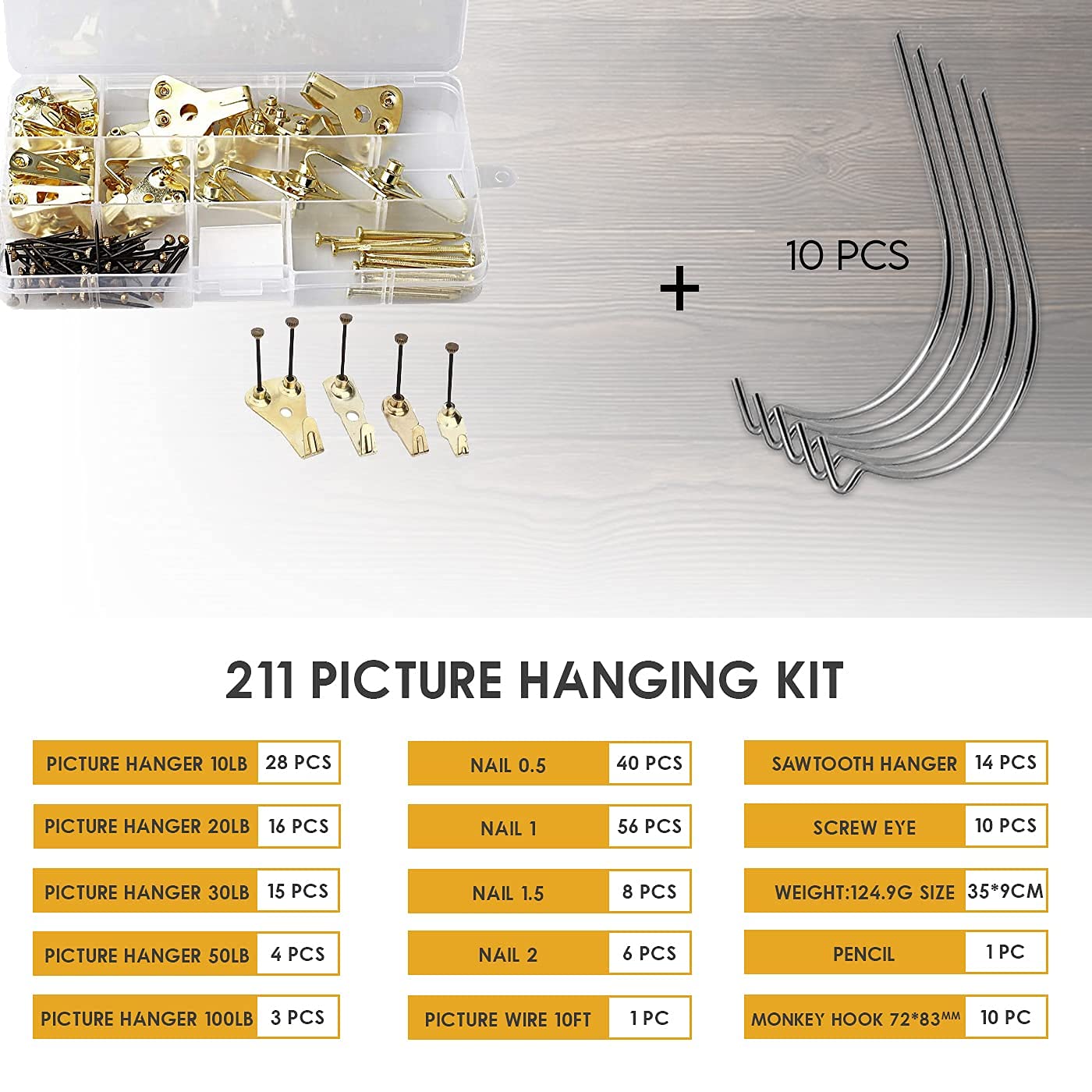Picture Hanging Tool Kit - Includes Stainless Steel Picture Hanging Hooks 211 Pcs, Level Tool, Picture Frame Hanger, Heavy Duty Photo Hanger Accessories with Hanging Kit, Wire and Nails, Gift for Dad