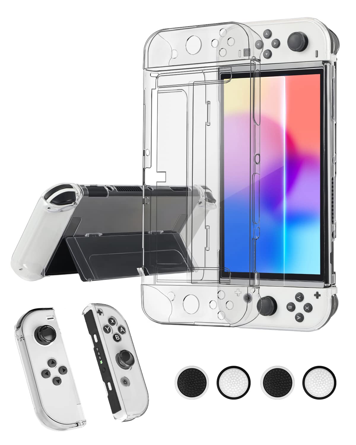 Switch OLED Dockable Case, Switch OLED Protective Case Cover with Tempered Glass Screen Protector & Thumb Stick Caps, Compatible with Switch OLED Console and Joy-Con Controller ( Clear)