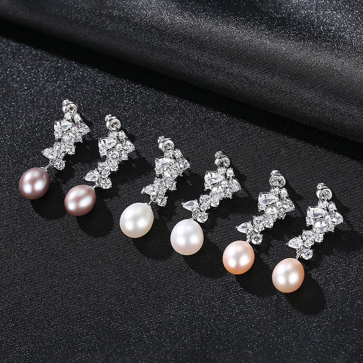 QuakerBird Freshwater Cultured Genuine Pearl Drop Earrings for Women Sterling Silver 9-10 mm Pearls Tennis Cluster CZ Dangle Stud Earrings Wedding (01, ivory)