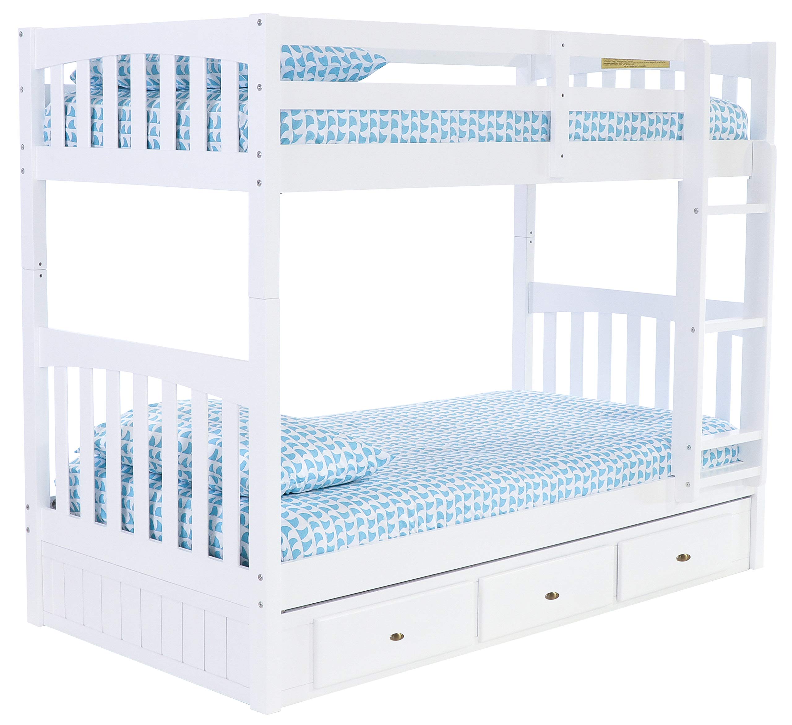 OS Home and Office Furniture Model 0210R-TTW, Solid Pine Twin Bed with Three Drawers in White Bunk