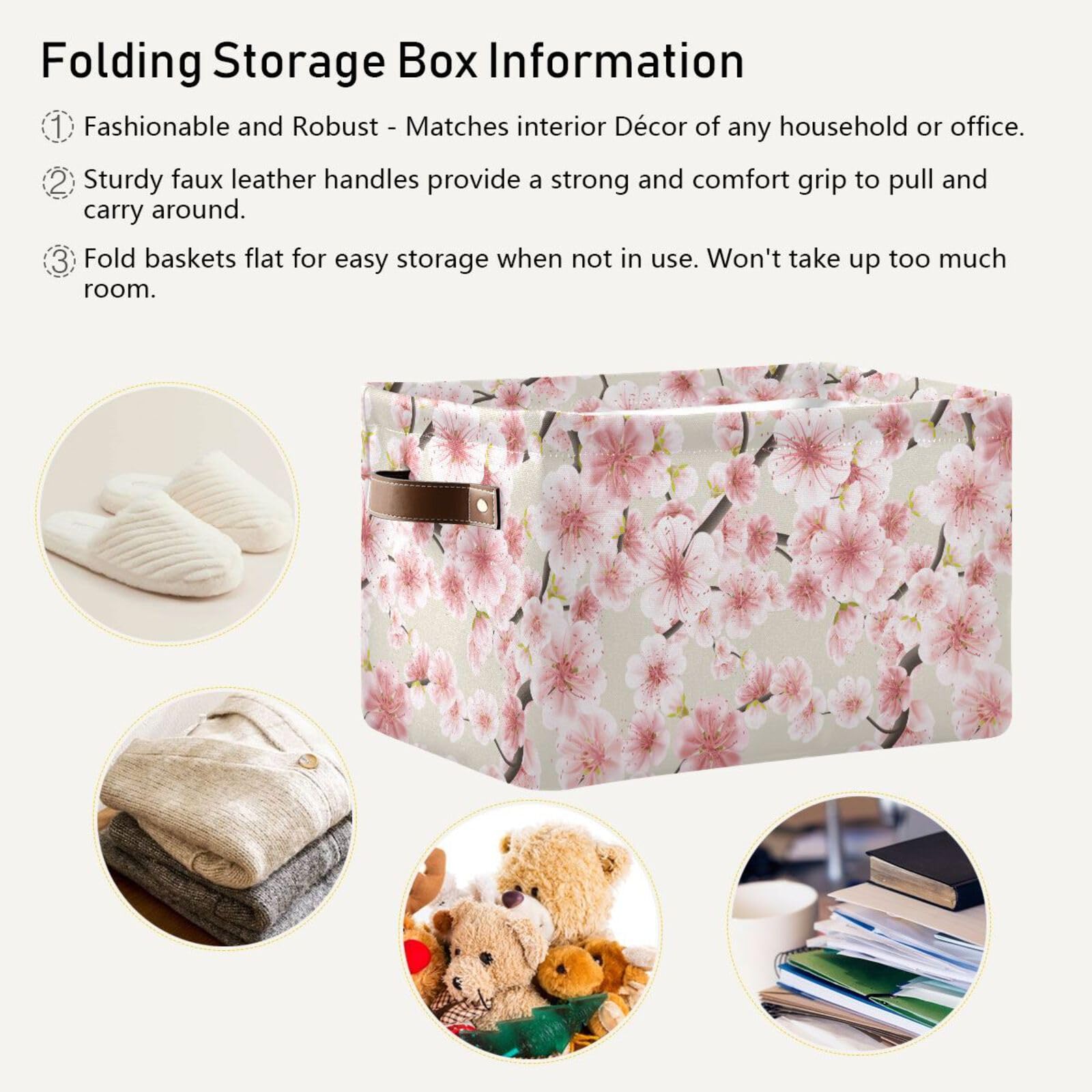 Pink Blossom Japanese Storage Basket Bins Foldable Toy Baskets Organization with Handles Laundry Hamper for Office Bedroom Clothes Bedroom Living Room,2 pcs