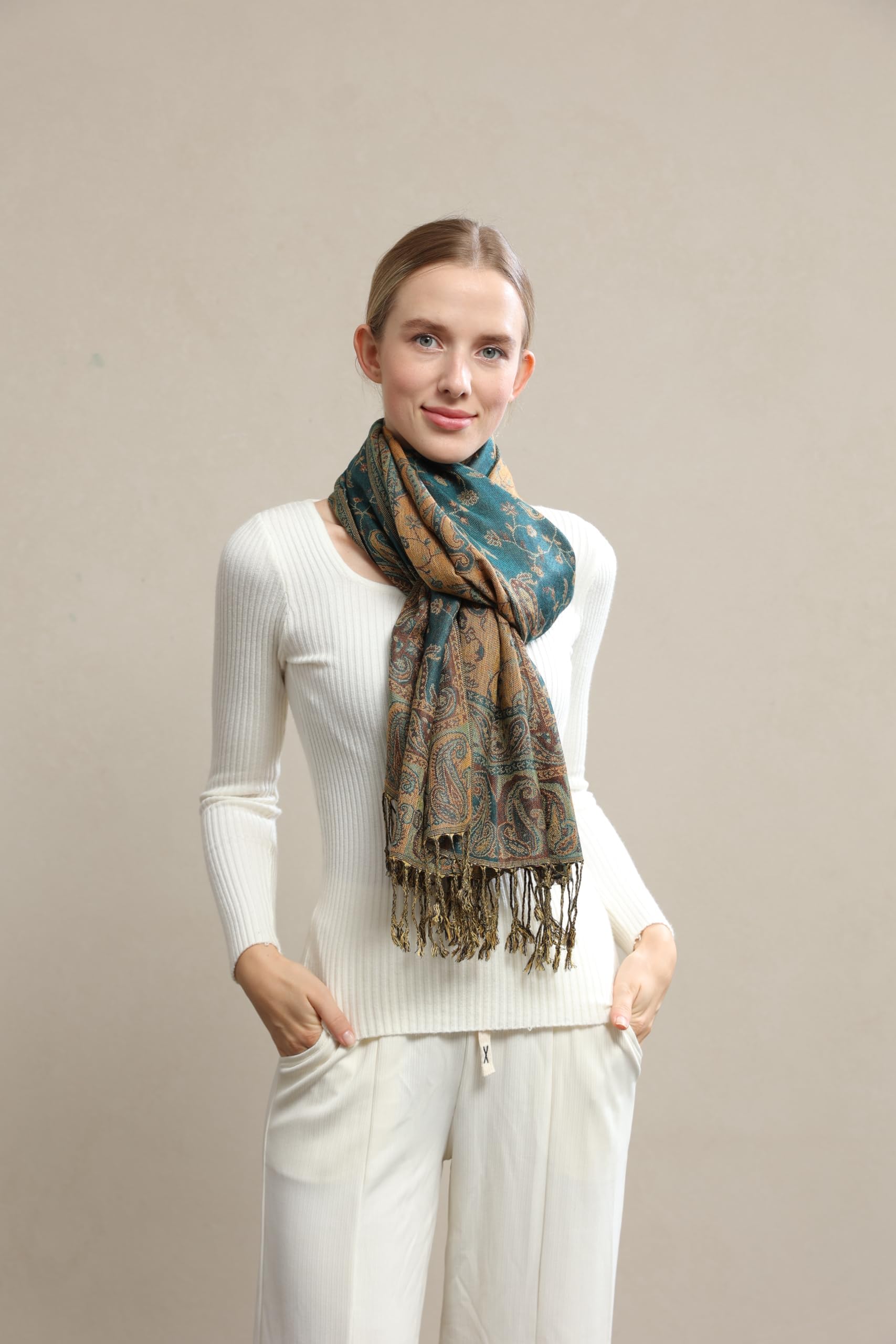 TULAOMAO Two Tone Pashmina Shawls and Wraps with Frings, Women Soft Silky Paisley Scarfs Shawls for Wedding, Pashmina Rave