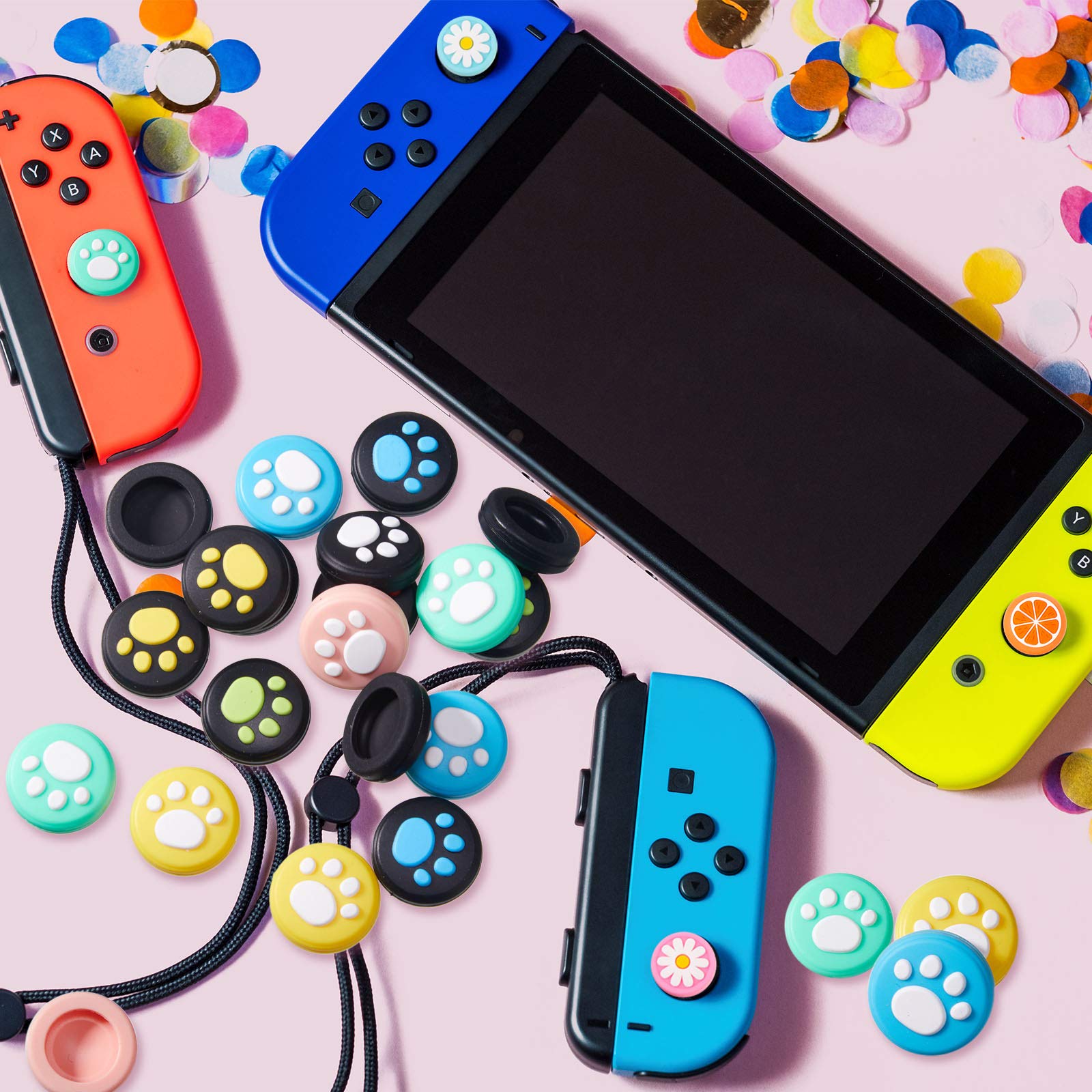 Skylety 38 Pieces Replacement Thumb Grips Silicone Joystick Button Covers Analog Stick Covers Cute Paw Lemon Flower Design Compatible with Nintendo Switch, Switch Lite Joy-Con Controller