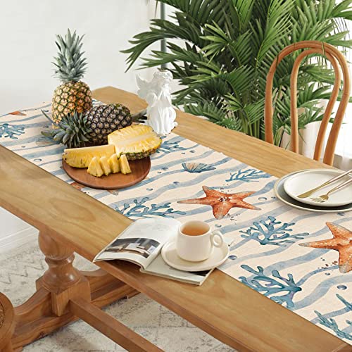 Seliem Summer Sea Starfish Conch Coral Table Runner, Coastal Ocean Wave Stripes Kitchen Dining Table Decor, Nautical Spring Seasonal Beach Home Decoration Indoor Outdoor Party Supply 13 x 72 Inches