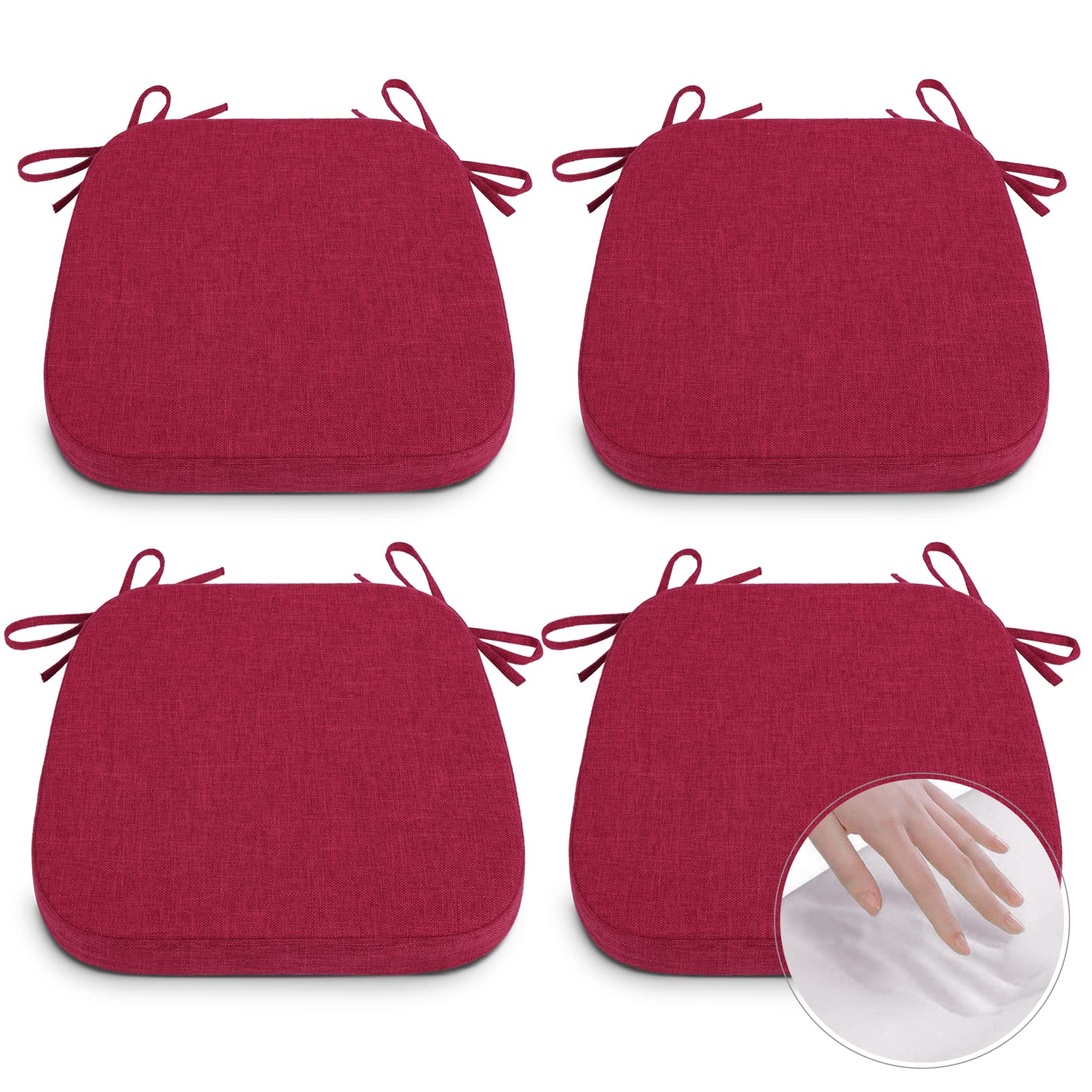 Shinnwa Kitchen Chair Cushions Set of 4 with Ties Memory Foam Dining Chair Pads Thickened Decorative Seat Cushions for Dorm Chairs 16.5 x 16.25 inches Burgundy