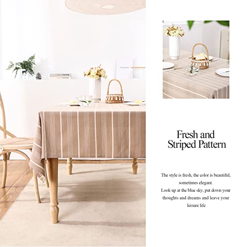 Simple&Opulence Linen and Cotton Stripe Waterproof Rectangle Tablecloth for Dinner,Picnic,and Indoor&Outdoor Party for Easter (Brown Background,White Stripe,60''x104'')