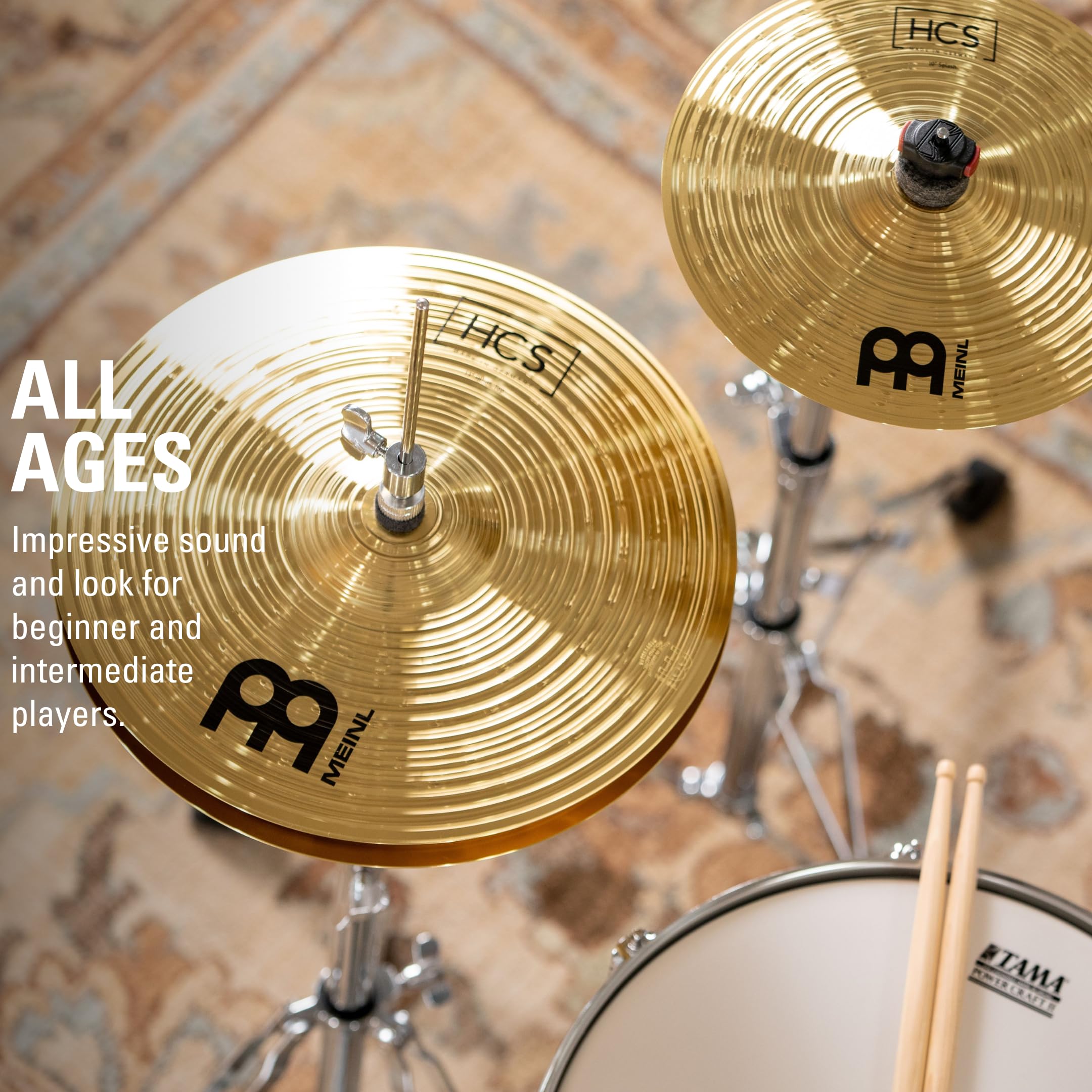 Meinl Cymbals HCS Cymbal Set Box Pack for Drums with 13" Hihats, 14" Crash, Plus Free 10" Splash, Sticks, Lessons β Made in Germany β Durable Brass, 2-Year Warranty, Traditional Finish (HCS1314