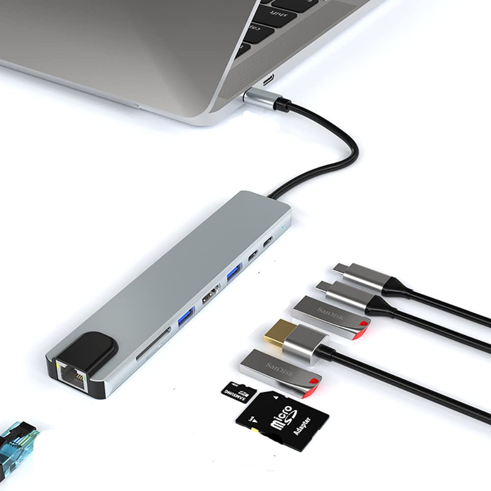 USB C Hub,USB C Laptop Docking Station,8 in 1 Type C Adapter Compatible for MacBook and Windows(HDMI PD USB 3.0/2.0 SD TF Card Reader RJ45)