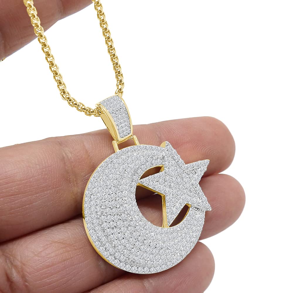 USDIAMONDKING 20+ Grams 3D Genuine Sterling Silver Allah Muslim Islamic Crescent Moon and Star Charm 2.00 Cwt. Simulated Diamond Pendant Chain Neckless Set (White Gold Finish)
