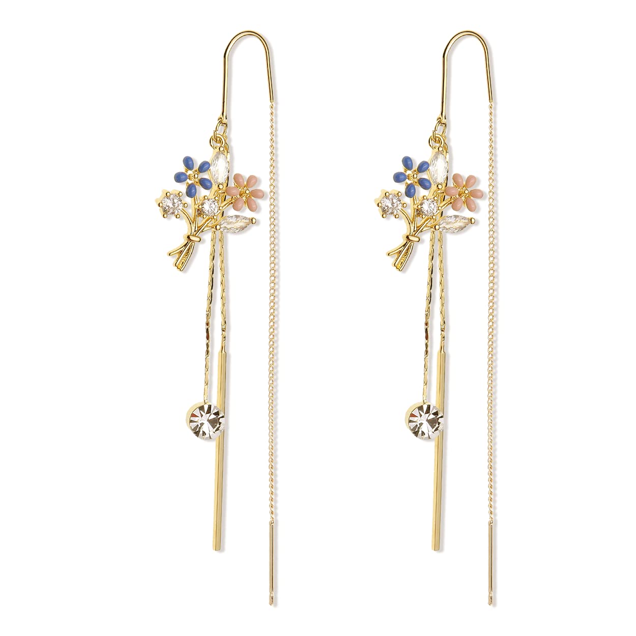 Sonateomber Colorful Daisy Flower Threader Earrings for Women Long Gold Chain Rhinestone Drop Dangle Thread Tassel Dangling Wedding Prom Jewelry Gift