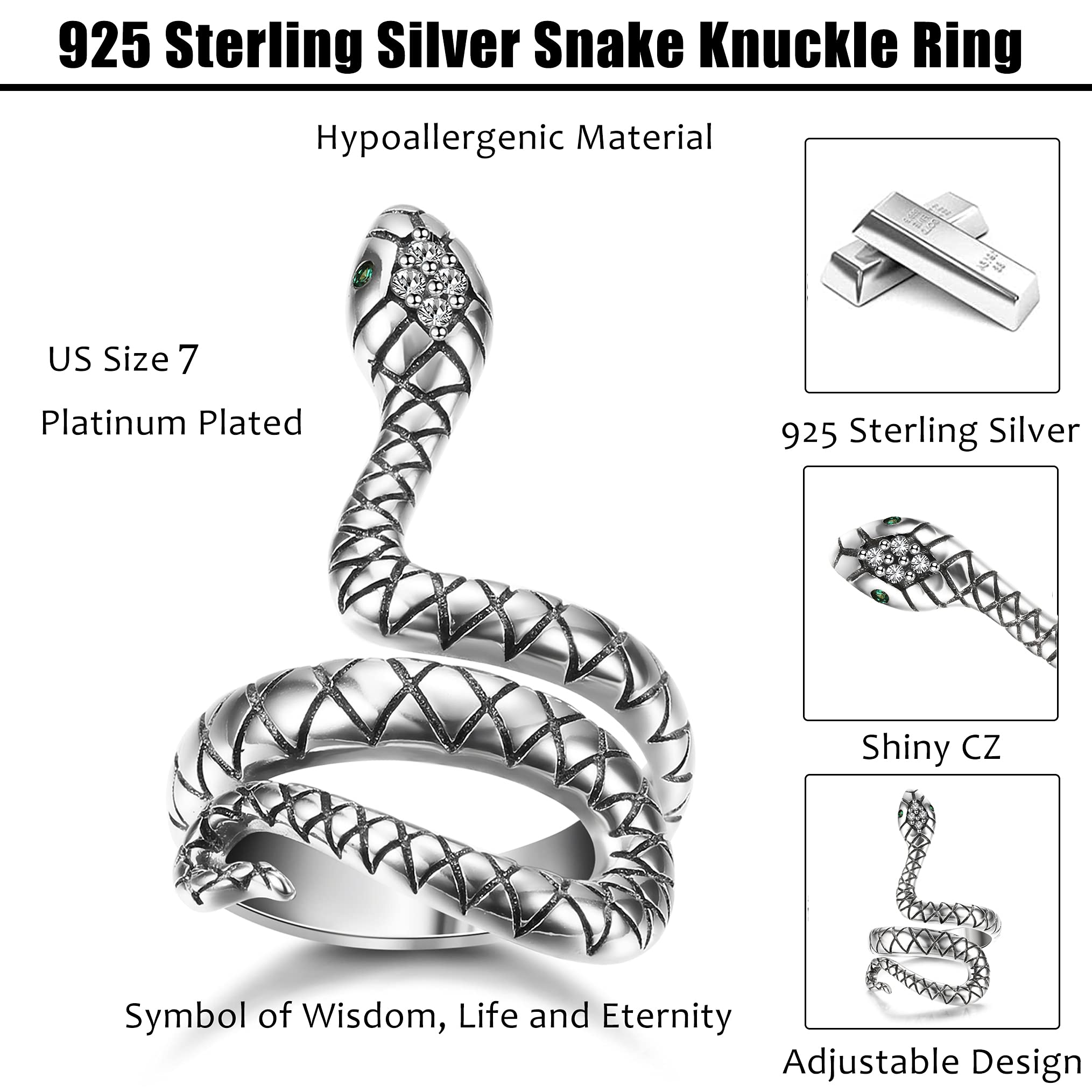 Sllaiss AAA CZ Snake Ring 925 Sterling Silver Open Adjustable Statement Ring White Gold Plated Stackable Rings Jewelry for Women