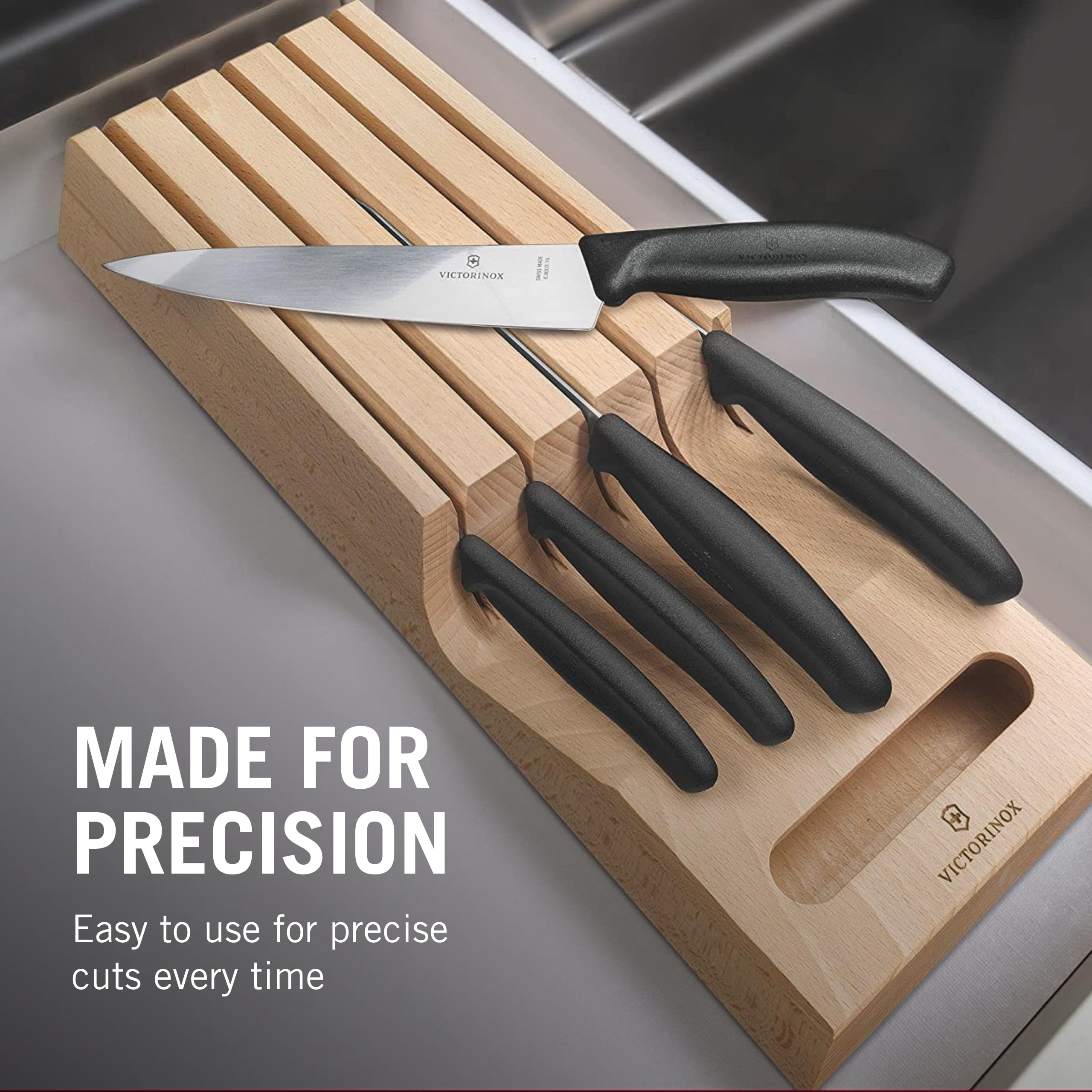 Victorinox Swiss Classic In-Drawer Knife Holder & Knife Set - Includes Knife Organizer, Bread Knife, Santoku Knife, Carving Knife, Paring Knife & Tomato & Table Knife - 6-Piece Set