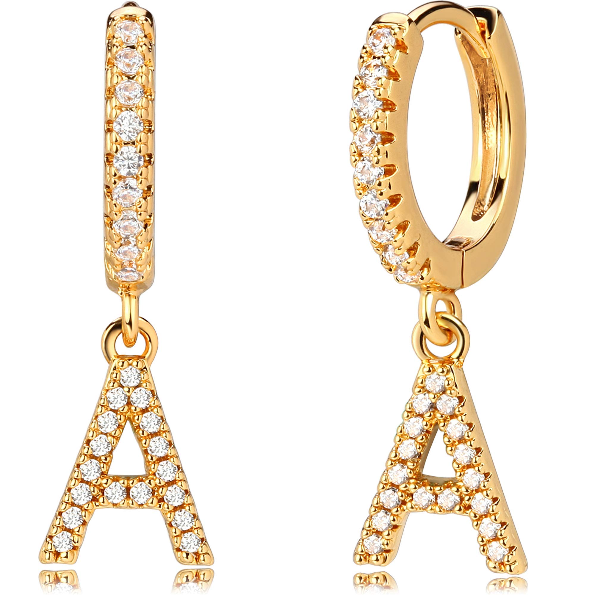 Mevecco 18K Gold Filled Gold CZ Pave A Initial Drop Huggie Earrings Diamond Cut Cubic Zircon Inlayed Letter Dangle Charm Initial Huggie Hoop Earrings Personalized Dainty Tiny Symbolic Jewelry Gift