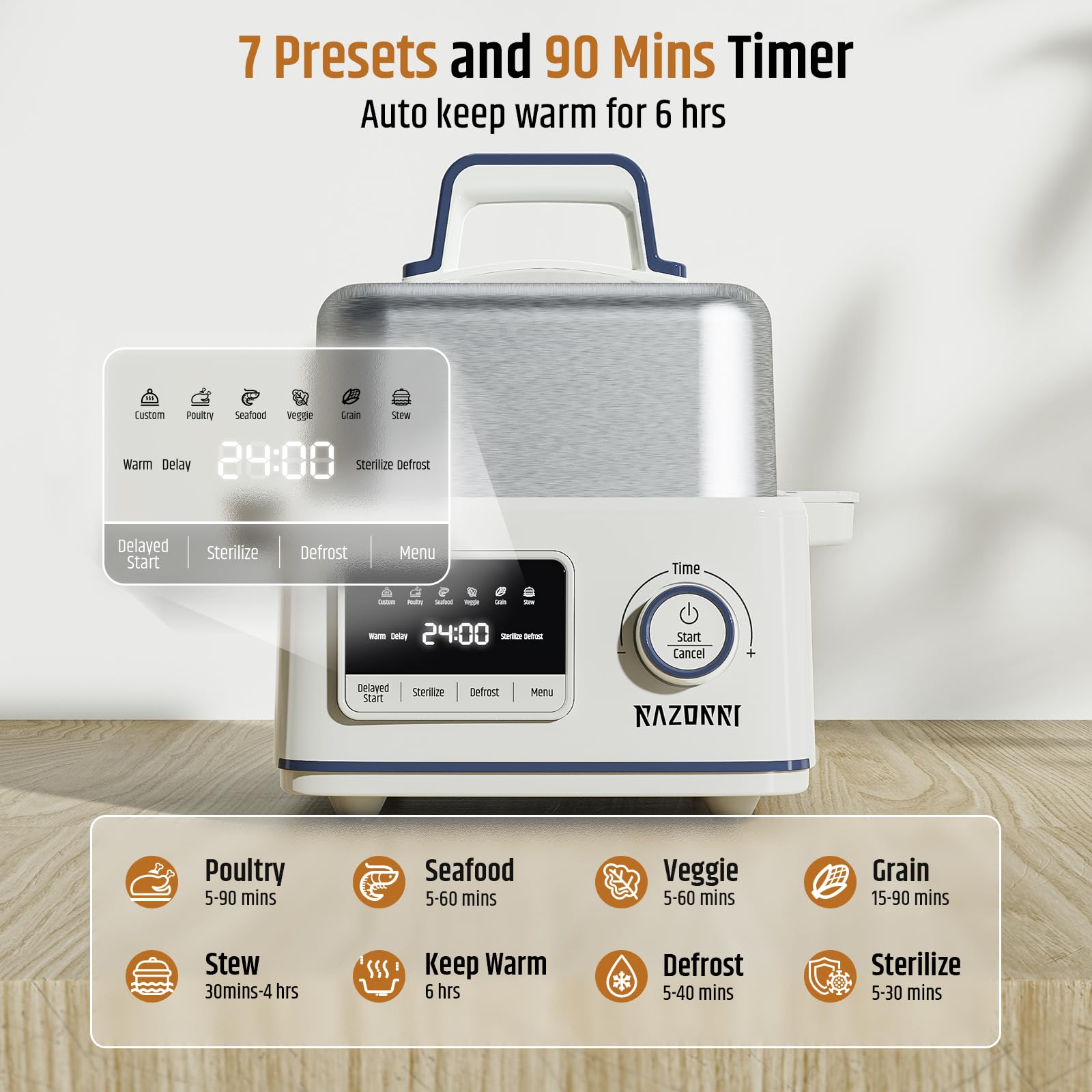 Razorri Electric Food Steamer 5-Quart Stainless Steel with Timer, 24H Delayed Start, Auto Keep Warm, and Large 68 Oz Water Capacity - Ideal for Cooking Healthy Vegetables, Poultry, Fish, Meat and more
