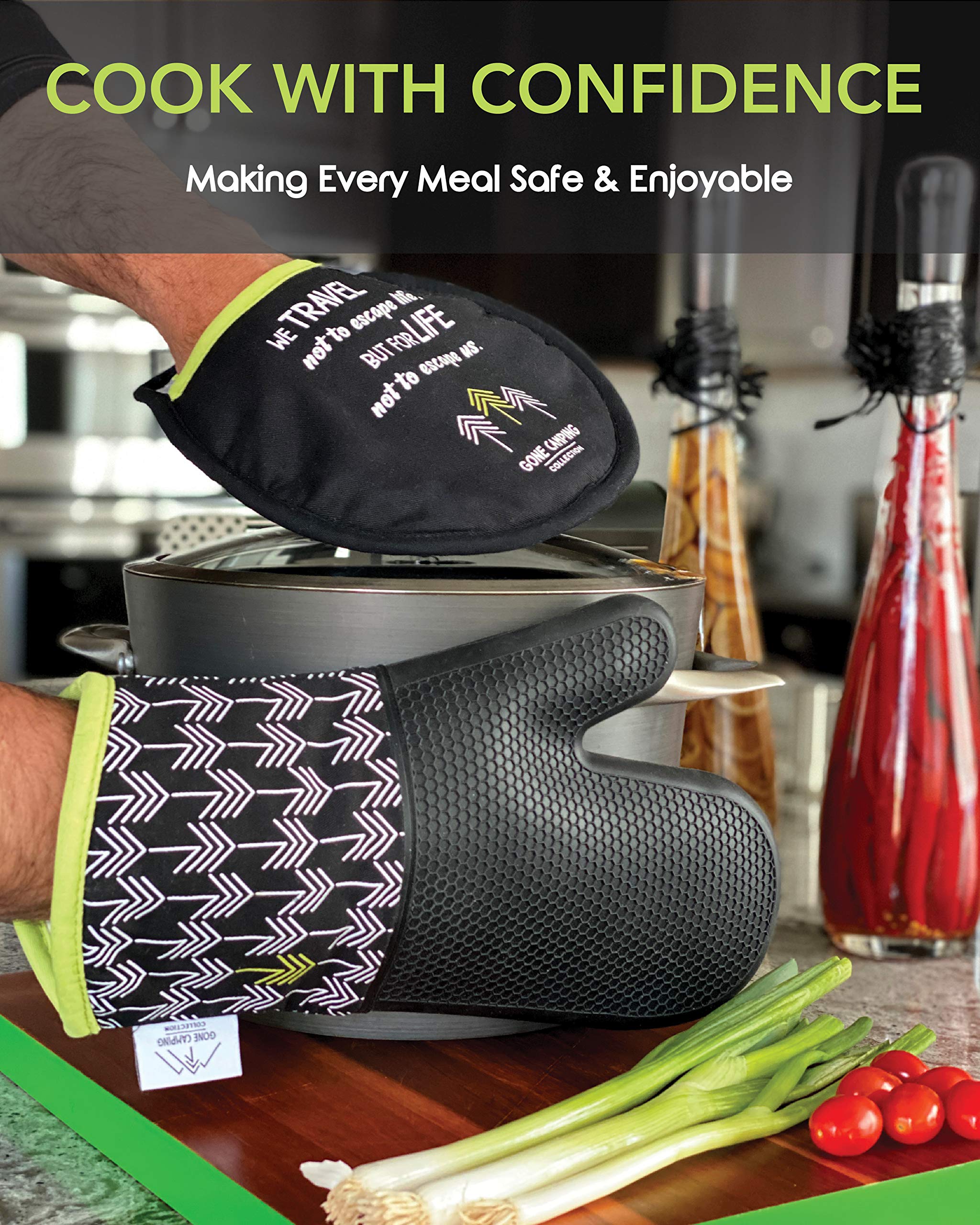Trailersphere Silicone Oven Mitt and Pot Holder Set, Gone Camping Collection, Non-Slip Grip, Heat Resistant with Hanging Loops, Perfect for RV Kitchens and Camping, Modern and Inspirational Design