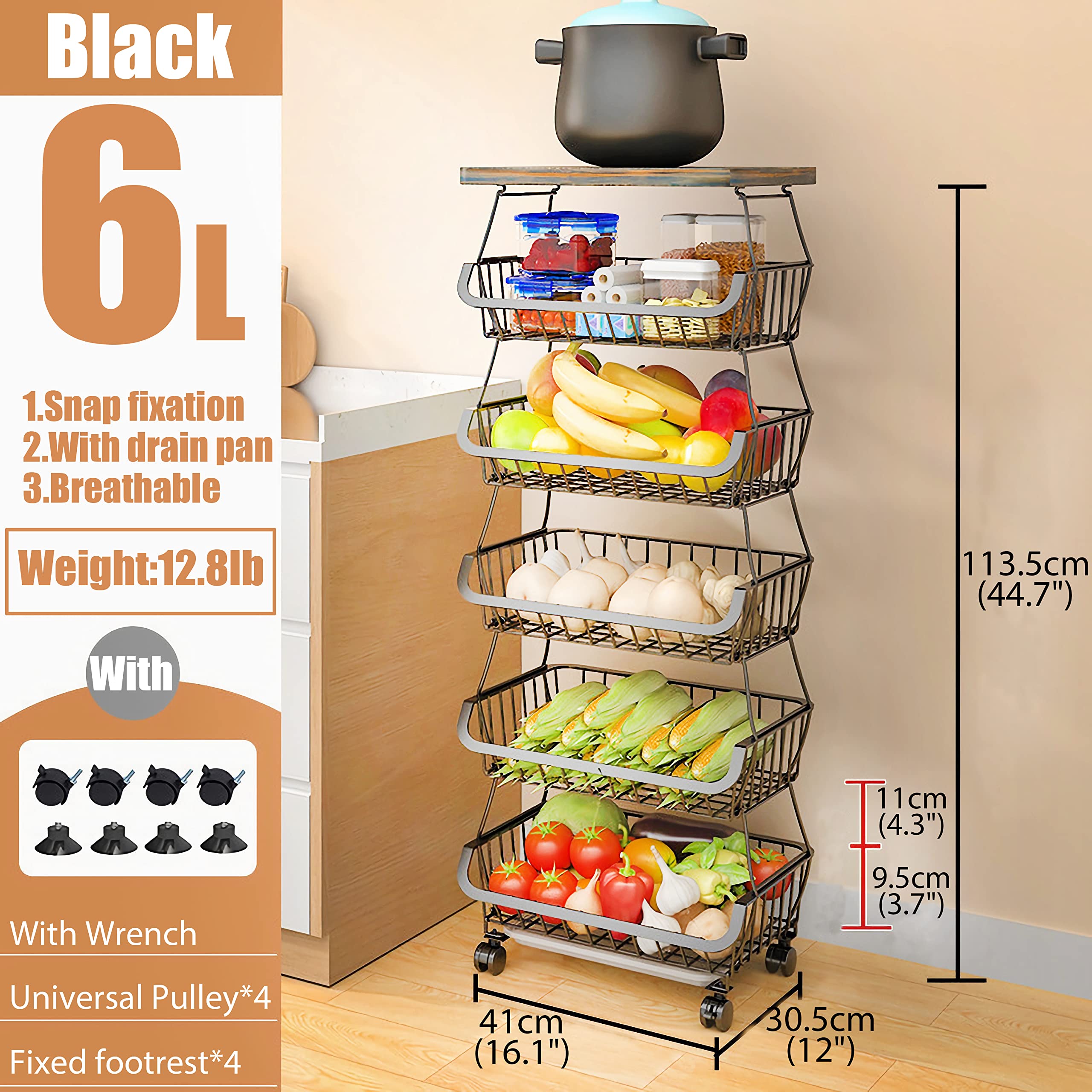 MURRI&MURRDI Kitchen Storage Cart with Top, 5 Tier Rolling Cart with Wheels Rolling Rack Storage Cart for Pantry, Can be Used as Kitchen Cart Fruit Basket Stand for Kitchen (Black, 5 Layer)