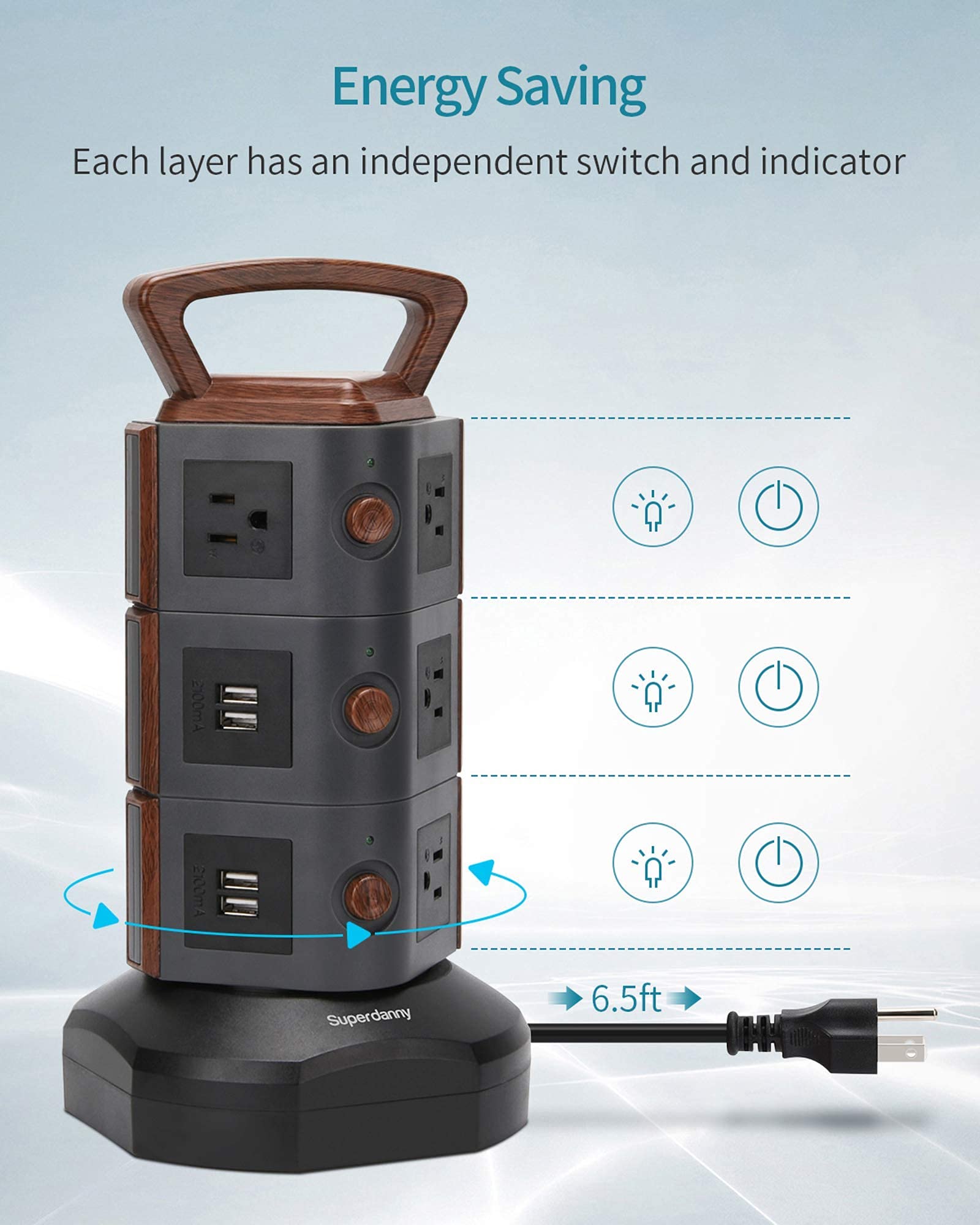 Power Strip Tower - SUPERDANNY Surge Protector Vertical Charging Station with 10 Outlets 4 USB Ports, 6.5ft Retractable Extension Cord Desktop Plug Bar with Wood Grain for Home Office Dorm Room Hotel