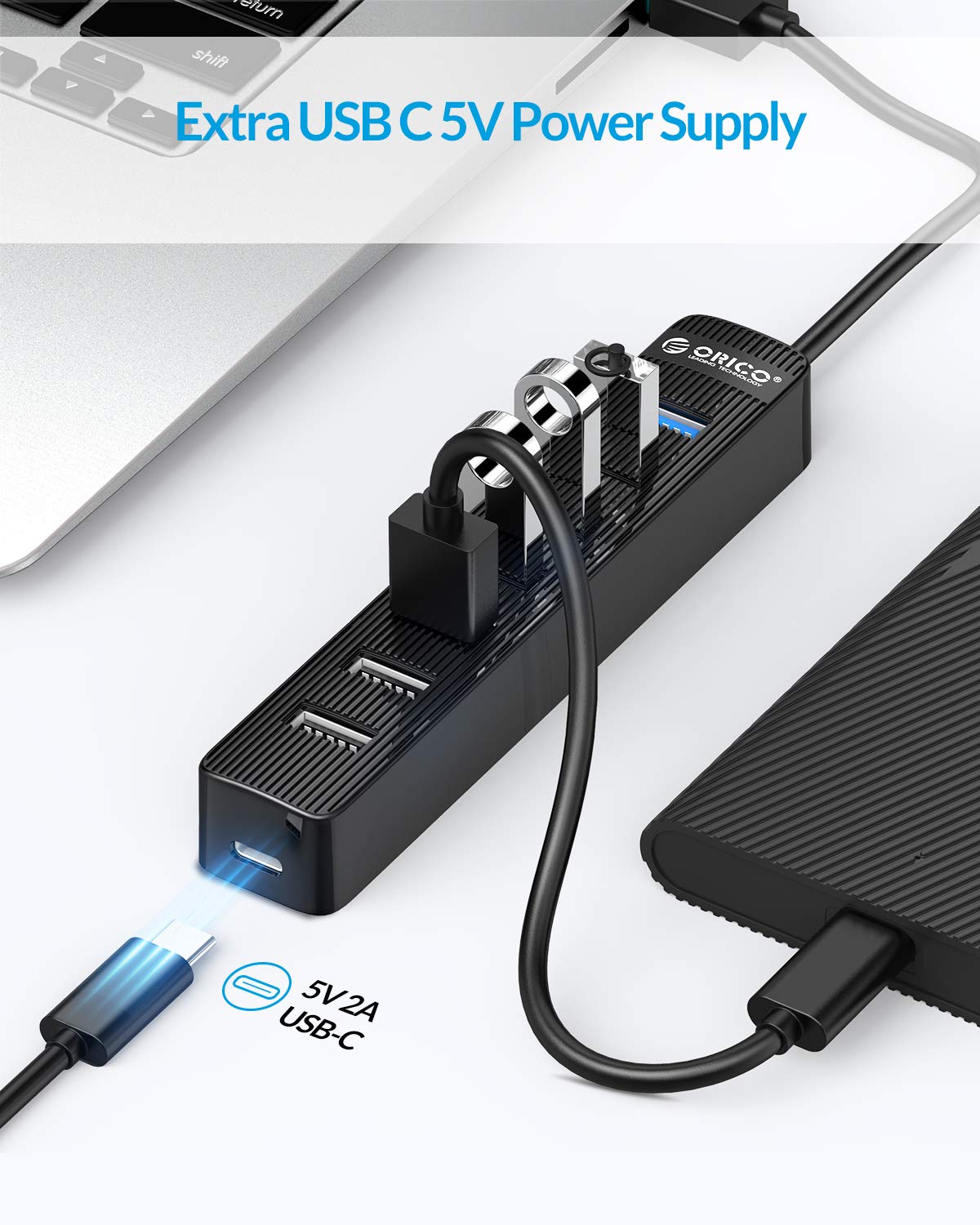 ORICO 7 Port USB Hub, USB 3.0 & 2.0 2-in-1 Data Hub with 5V Power Supply Port for MacBook, iMac, Surface Pro, XPS, Laptop, Flash Drives, Mobile HDD, Keyboard, Mouse and More