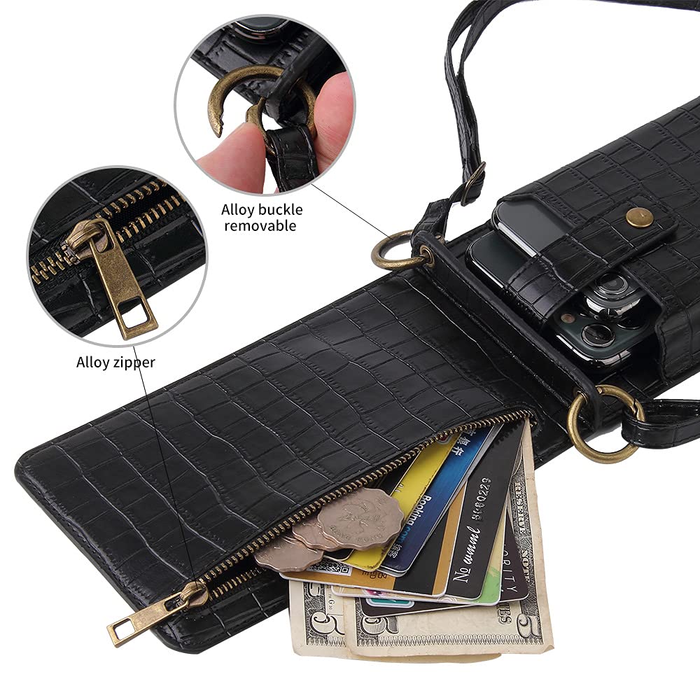 Shiratori Small Crossbody Cell Phone Purse for Women, Mini Messenger Shoulder Handbag Wallet with Credit Card Slots With makeup mirror Black