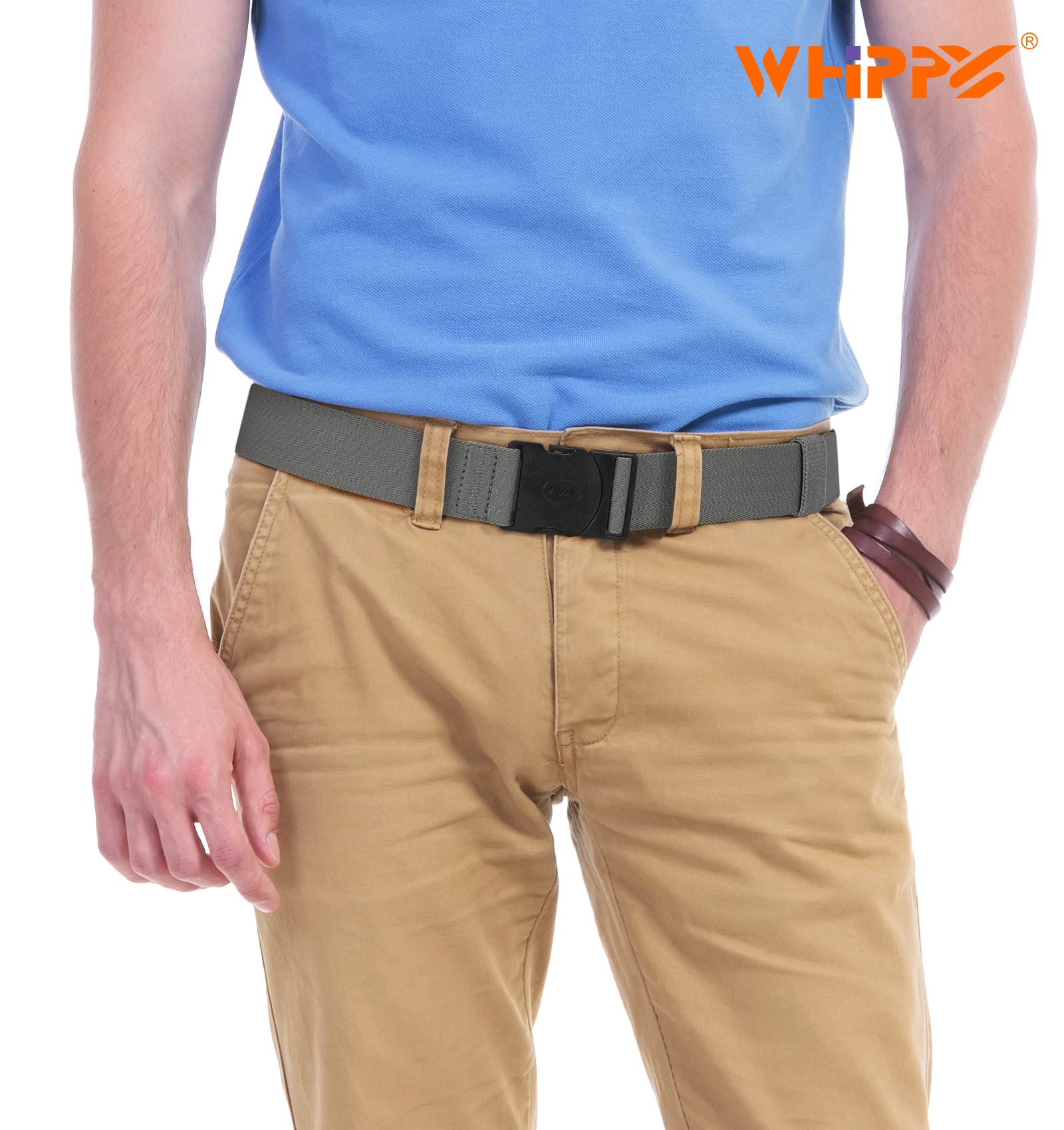 WHIPPY Mens Elastic Stretch Belt Unisex Adventure Web Belt for Women Men with Non-Metal Buckle Adjustable Belts, Gray, 43 Inches