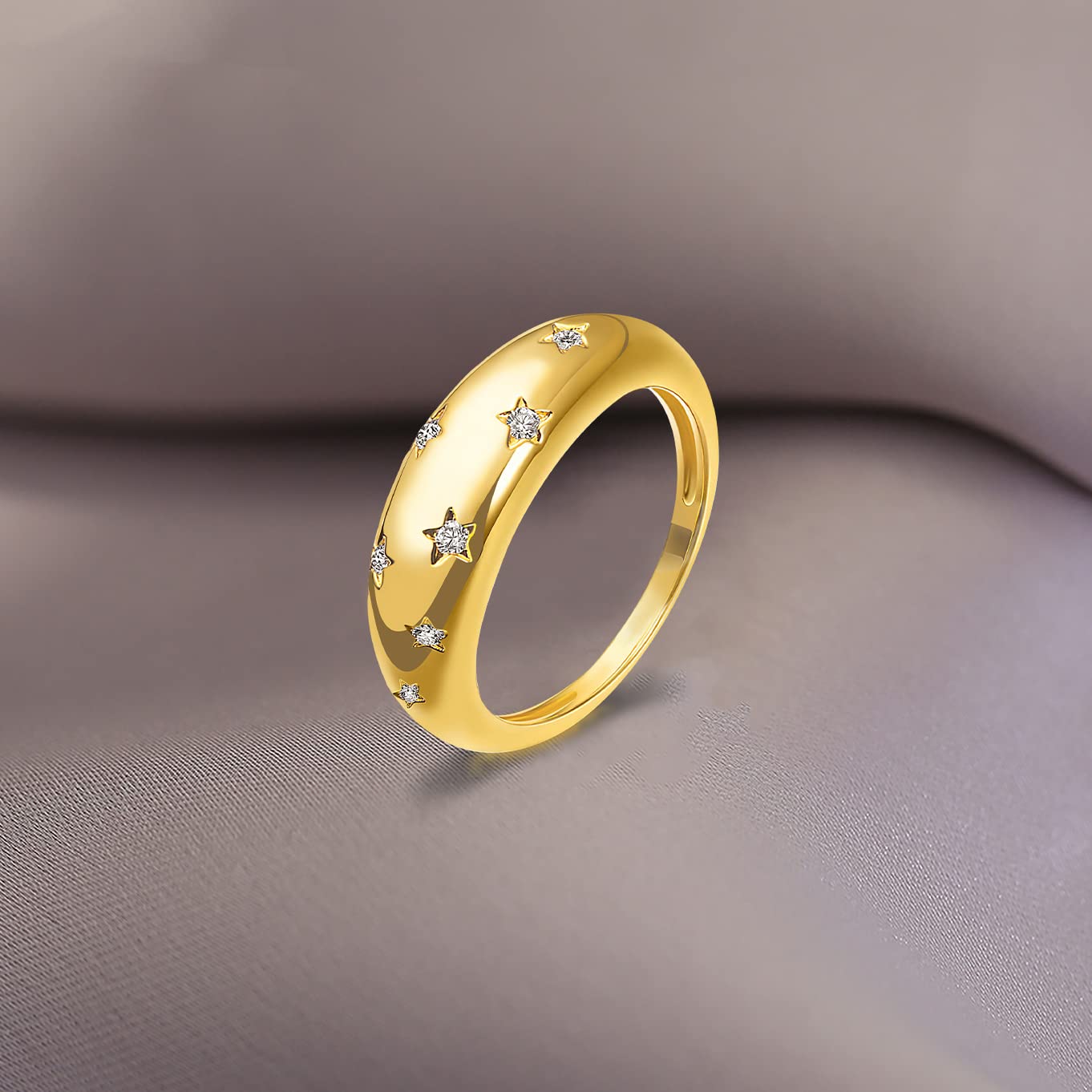 Reaowazo Women Star Ring Gold Chunky Dome Ring Cubic Zirconia Shiny Statement Gold Plated Rings Size 9