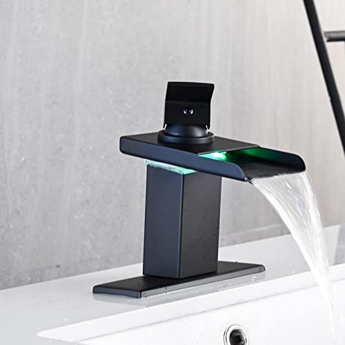 ZORIOU Waterfall Bathroom Sink Faucet, Cold and Hot Water Temperature Sensitive, Wide Spout Basin Modern Faucet with 3 Colors Changes (Matte Black)