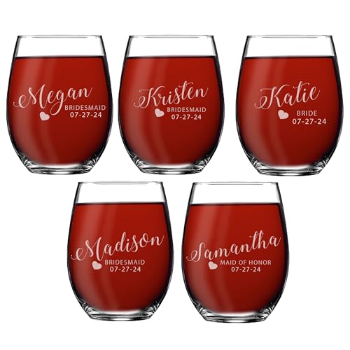 Set of 1, 2, 3, 4, 5, 6, 7, 8 Custom Engraved Bridesmaid Gifts - Personalized Stemless Wine Glasses - Passion Style (5)