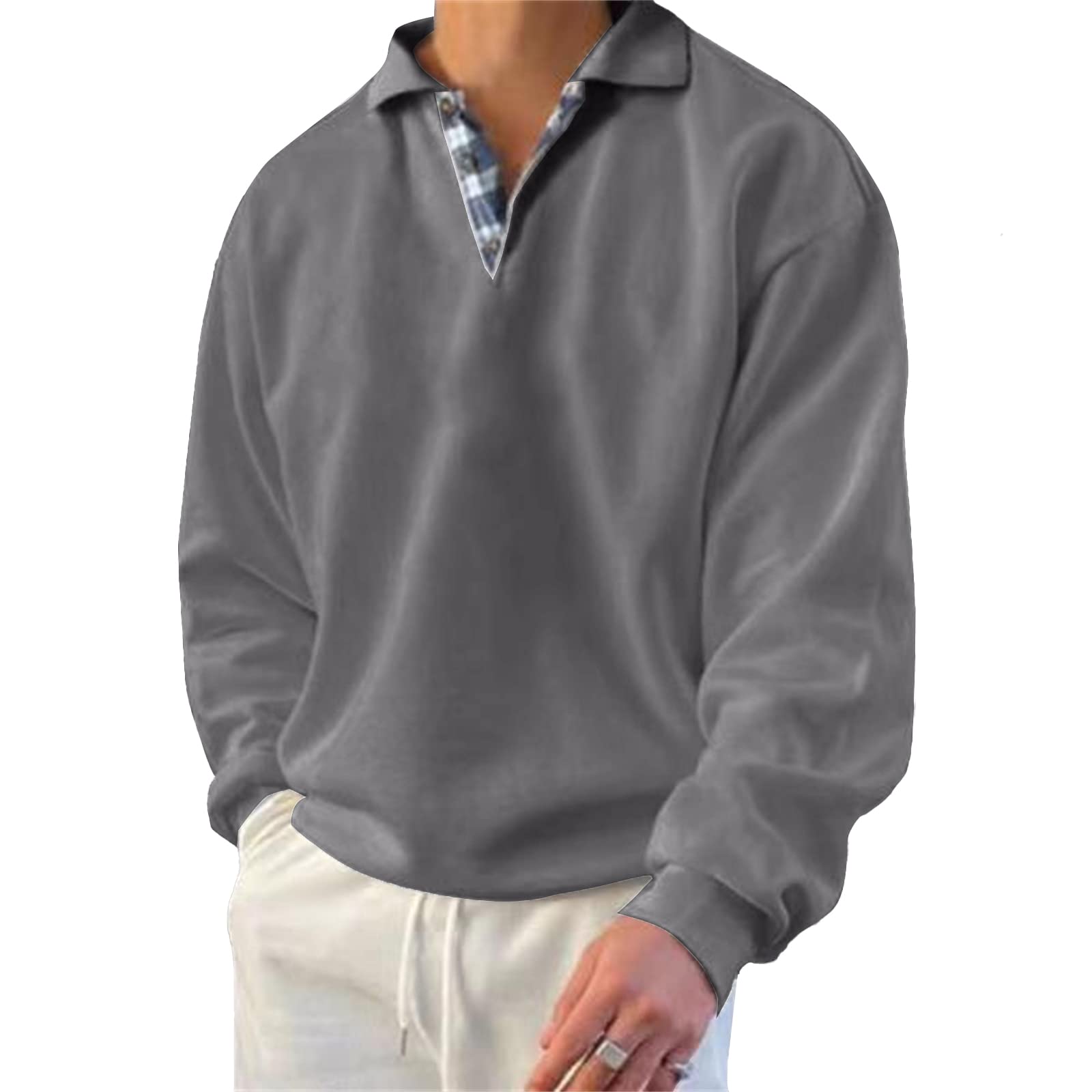 YawYews Men's Long Sleeve Polo Shirts-Casual Thermal Loose Fit Pullover Sweatshirts Dark Grey