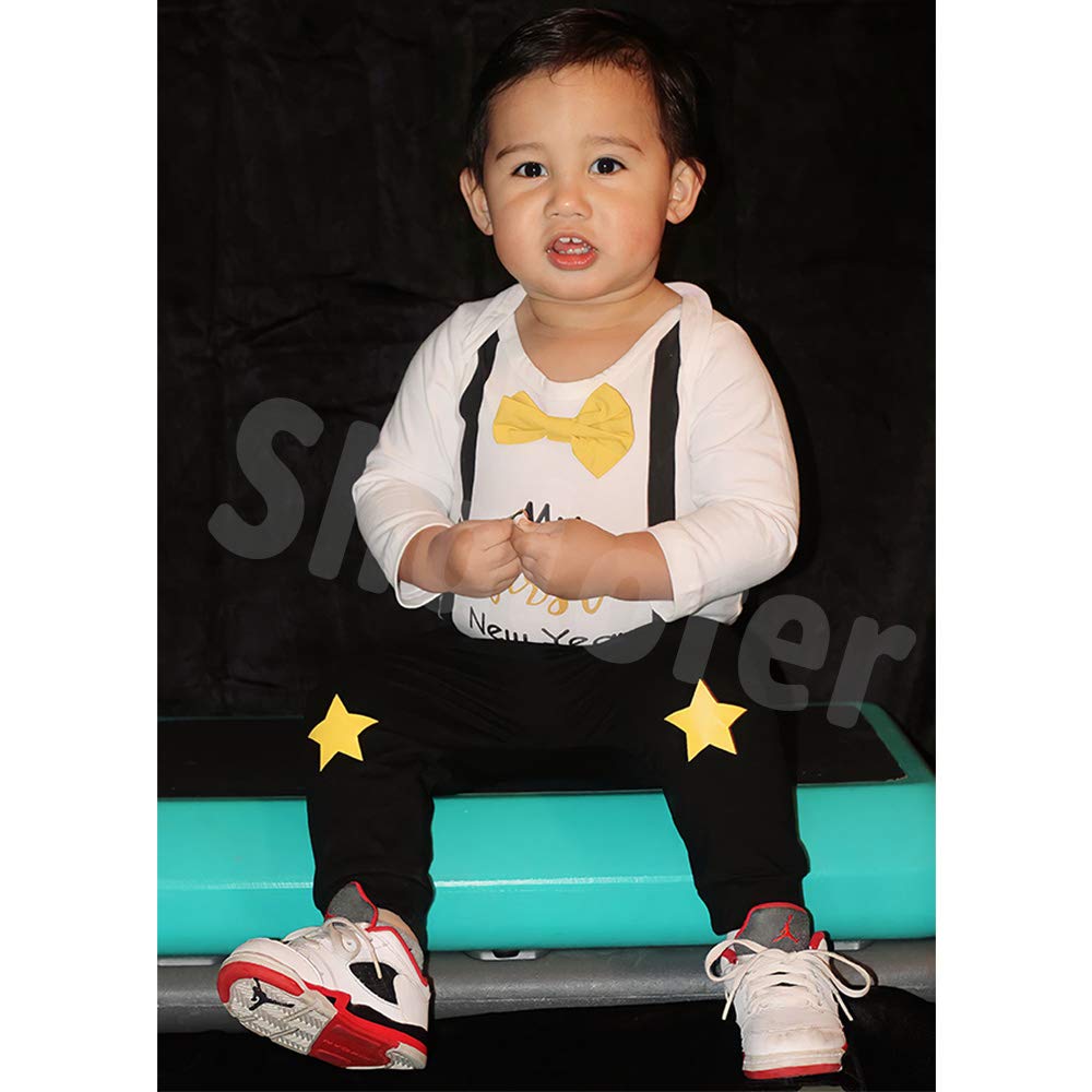 Shalofer Baby Boy My First New Year Outfit Toddler New Year Eve Bodysuit with Hat (Black,12-18 Months)