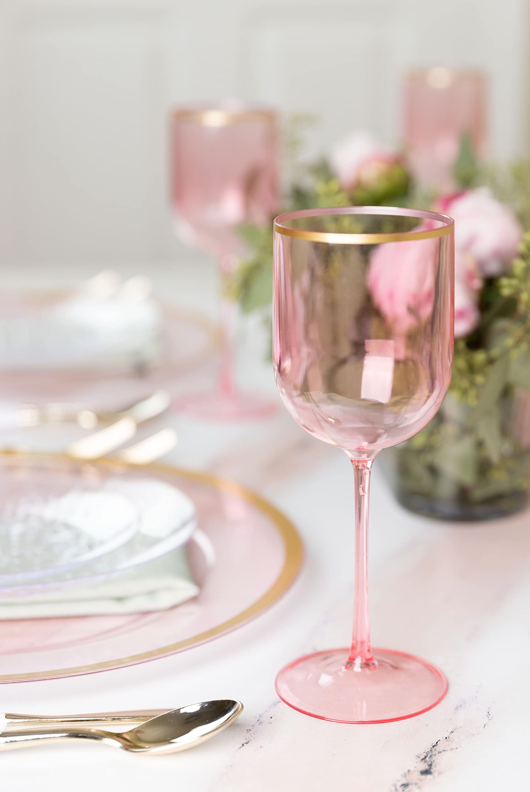 PARTY BARGAINS 5 Wine Goblets - Pink Gold Rim (12oz) - Disposable Shatterproof Elegant Design Plastic Wine Glasses with Stem - For Pool Parties, Outdoors Receptions, Weddings