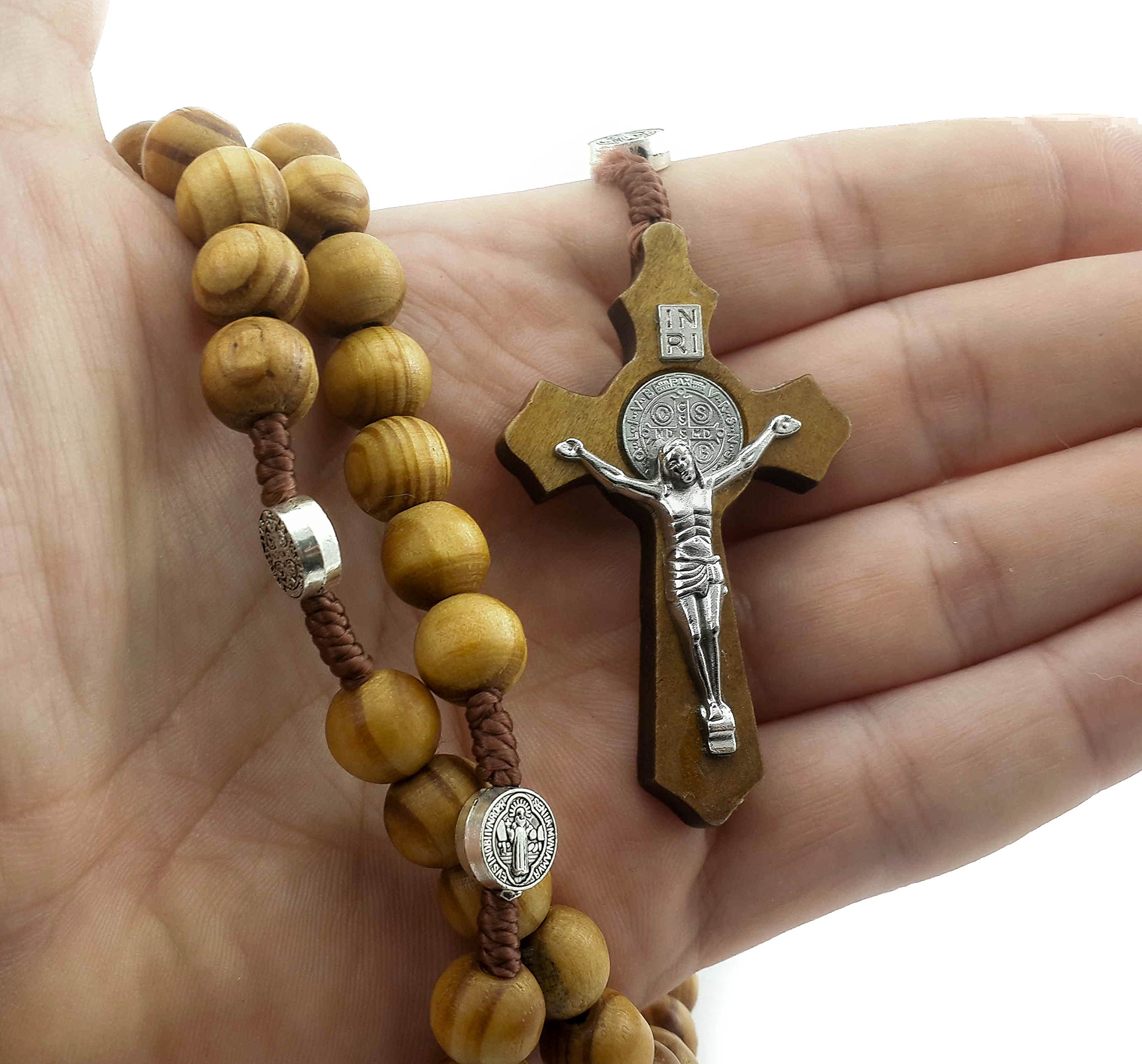 Nazareth Store Wood Beads Rosary Necklace Saint Benedict Medal & Catholic Cross Religious Prayer Chaplet String Handmade - Velvet Bag